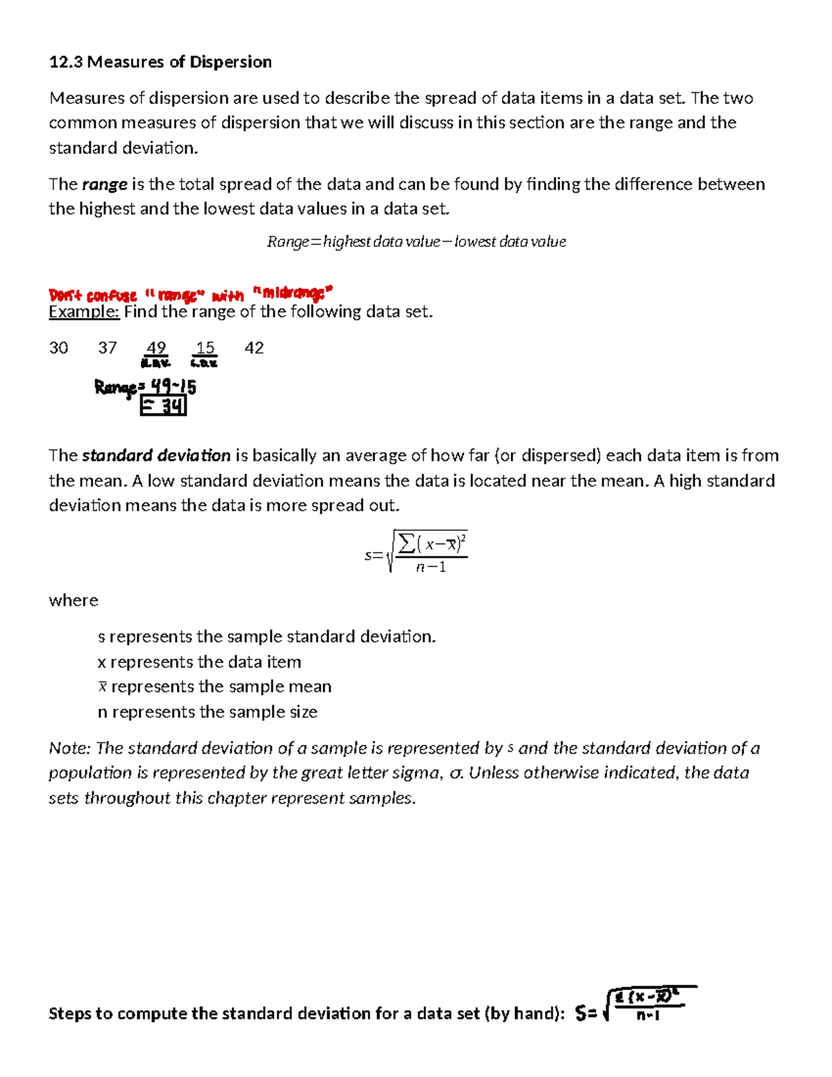 Chapter 12 section 3 - 12 Measures of Dispersion Measures of dispersion ...