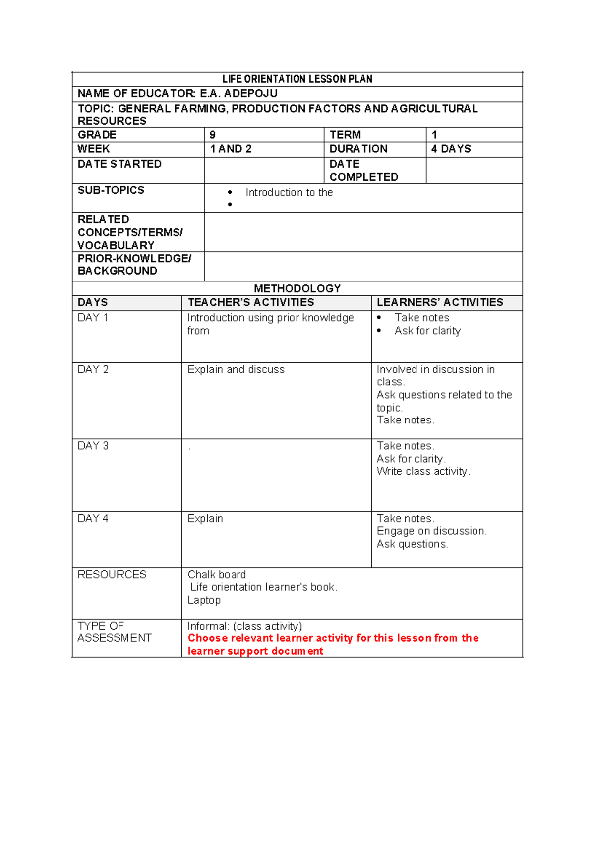 LIFE Orientation Lesson PLAN grade 8 2024 - LIFE ORIENTATION LESSON ...