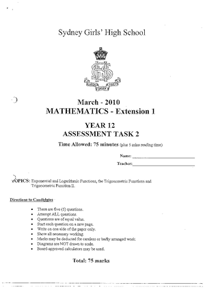 2020 Year 11 Extension 1 Task 3 - Sydney Girls High School MATHEMATICS ...