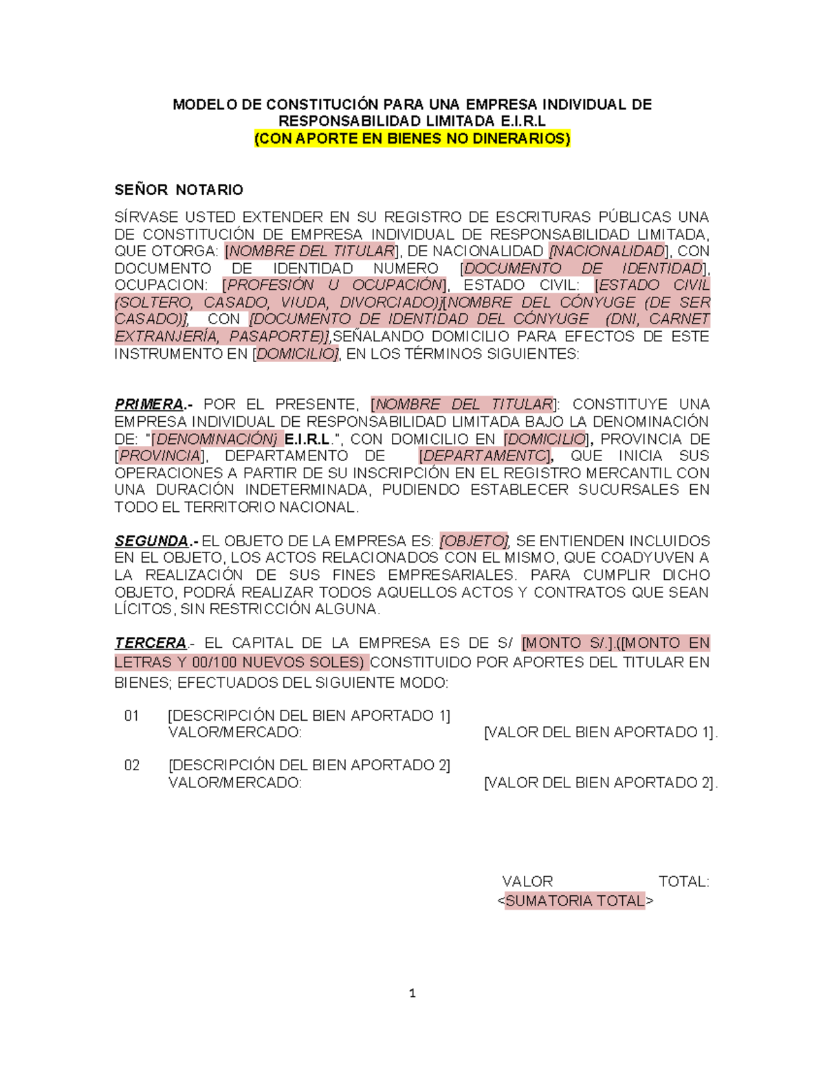 Formato de minuta de constitución de EIRL con aporte en bienes no dinerarios - MODELO DE - Studocu