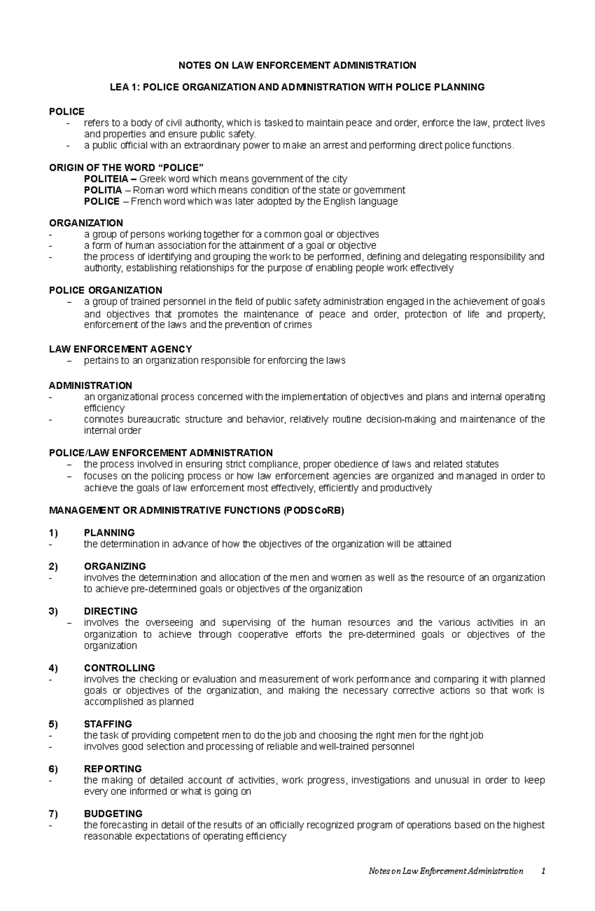 NEW LEA Review Materials - NOTES ON LAW ENFORCEMENT ADMINISTRATION LEA ...