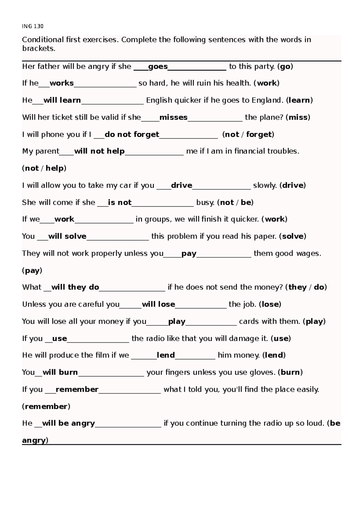 ING 130 Exercises Unit 8 - ING 130 Conditional first exercises ...