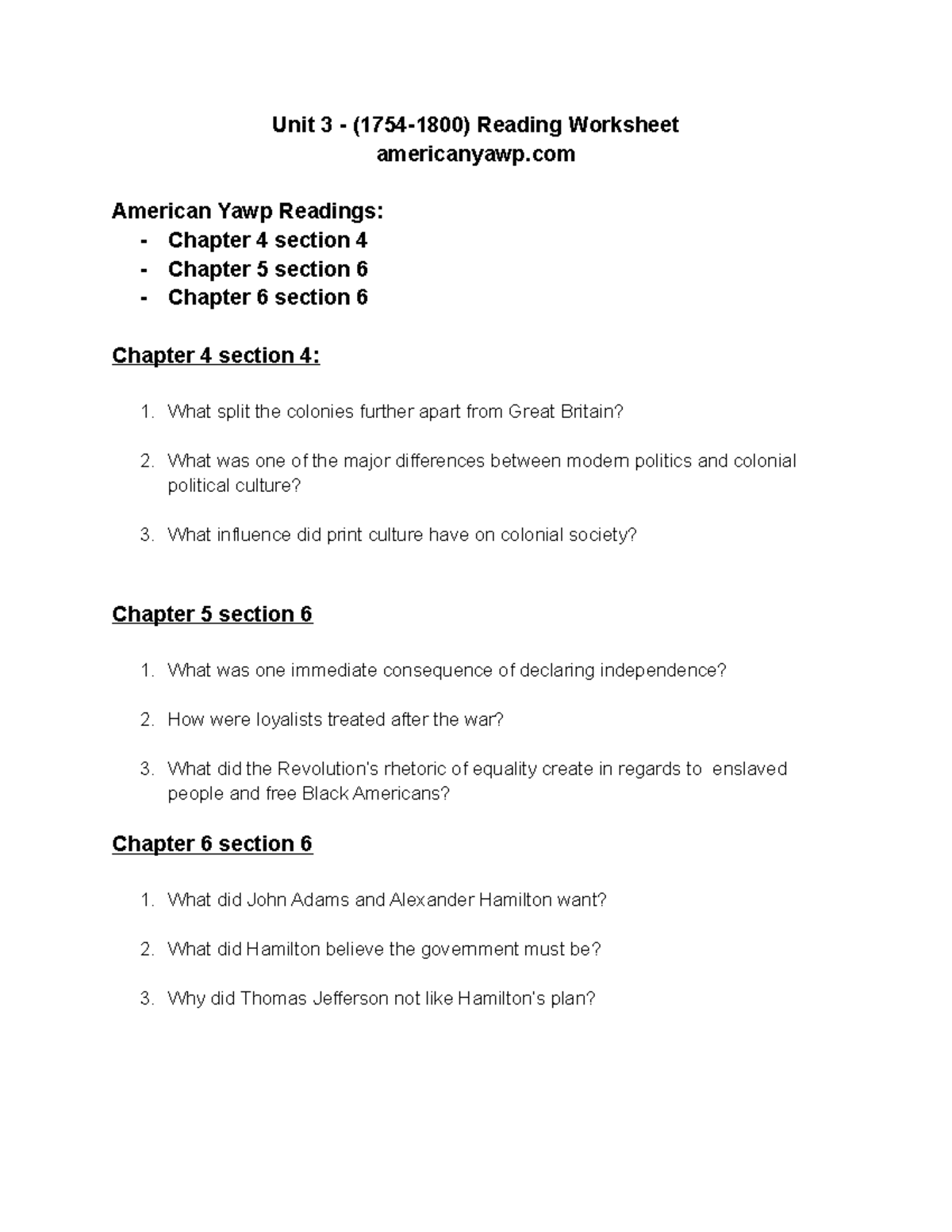 Unit 3 - 1754-1800 Reading Worksheet - Unit 3 - (1754-1800) Reading ...