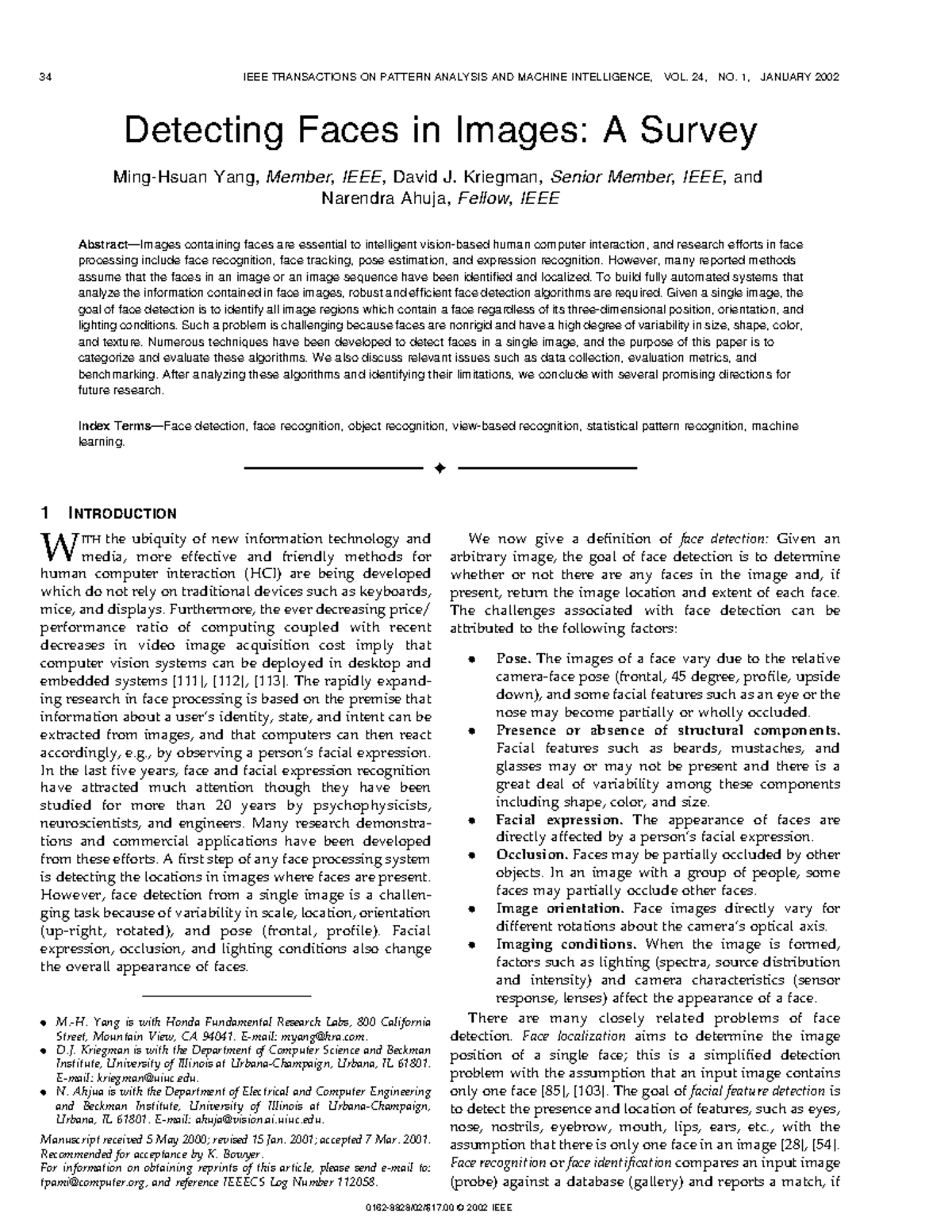 Eye13 - nil - Detecting Faces in Images: A Survey Ming-Hsuan Yang, Member, IEEE, David J ...