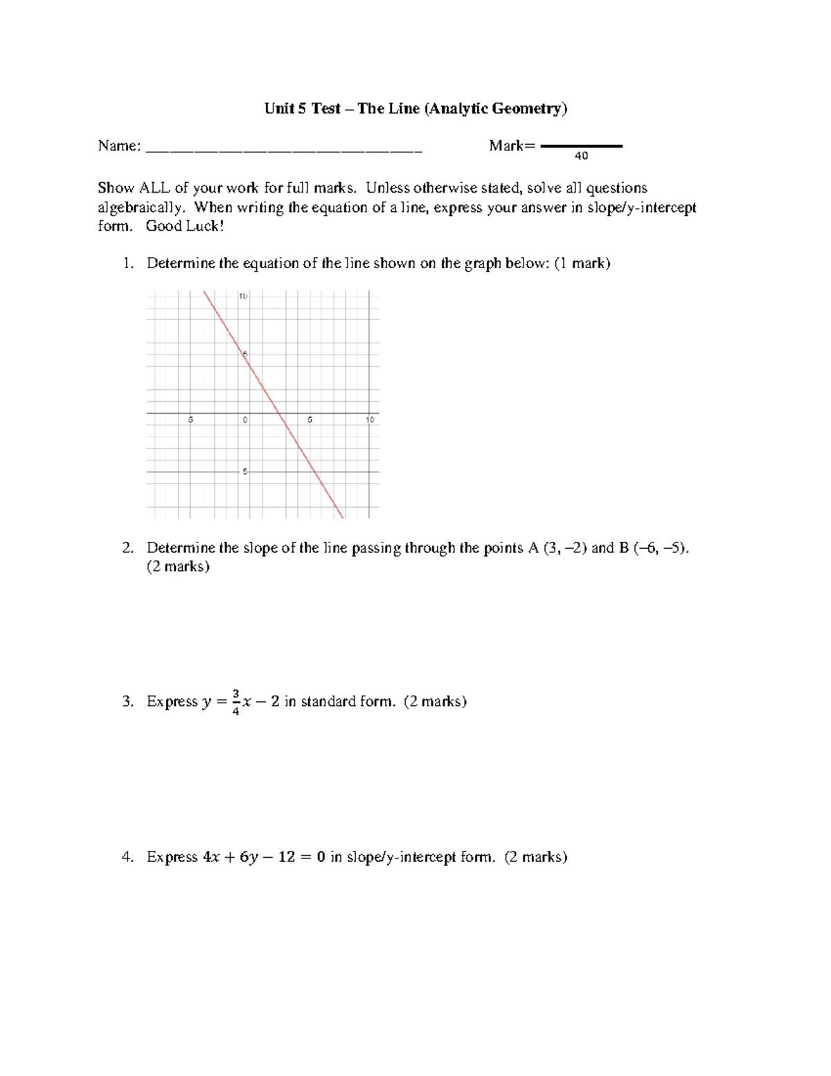 Unit 5 Test The Line Quad2 A copy - Unit 5 Test – The Line (Analytic ...