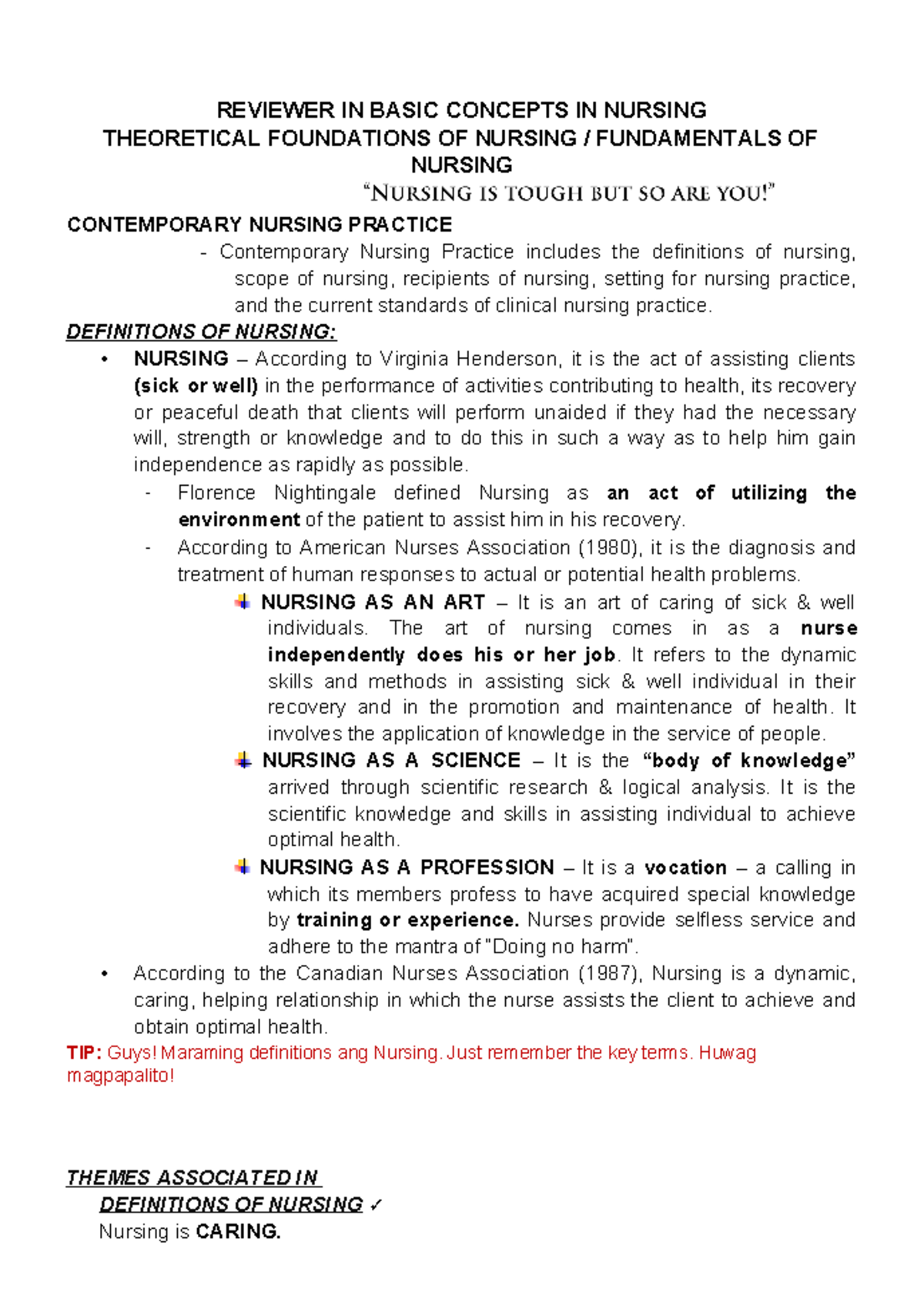 1st semester Theoretical Foundations in Nursing notes - REVIEWER IN ...