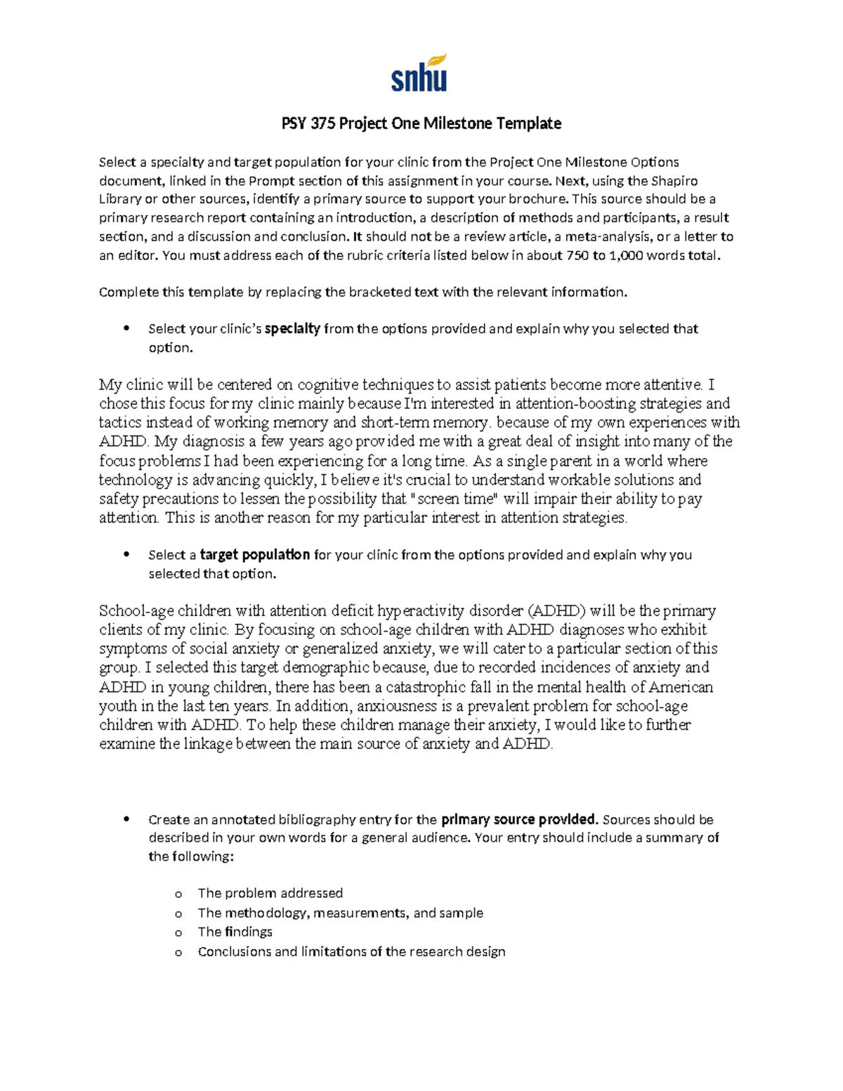 PSY 375 Project One Milestone - Next, using the Shapiro Library or ...