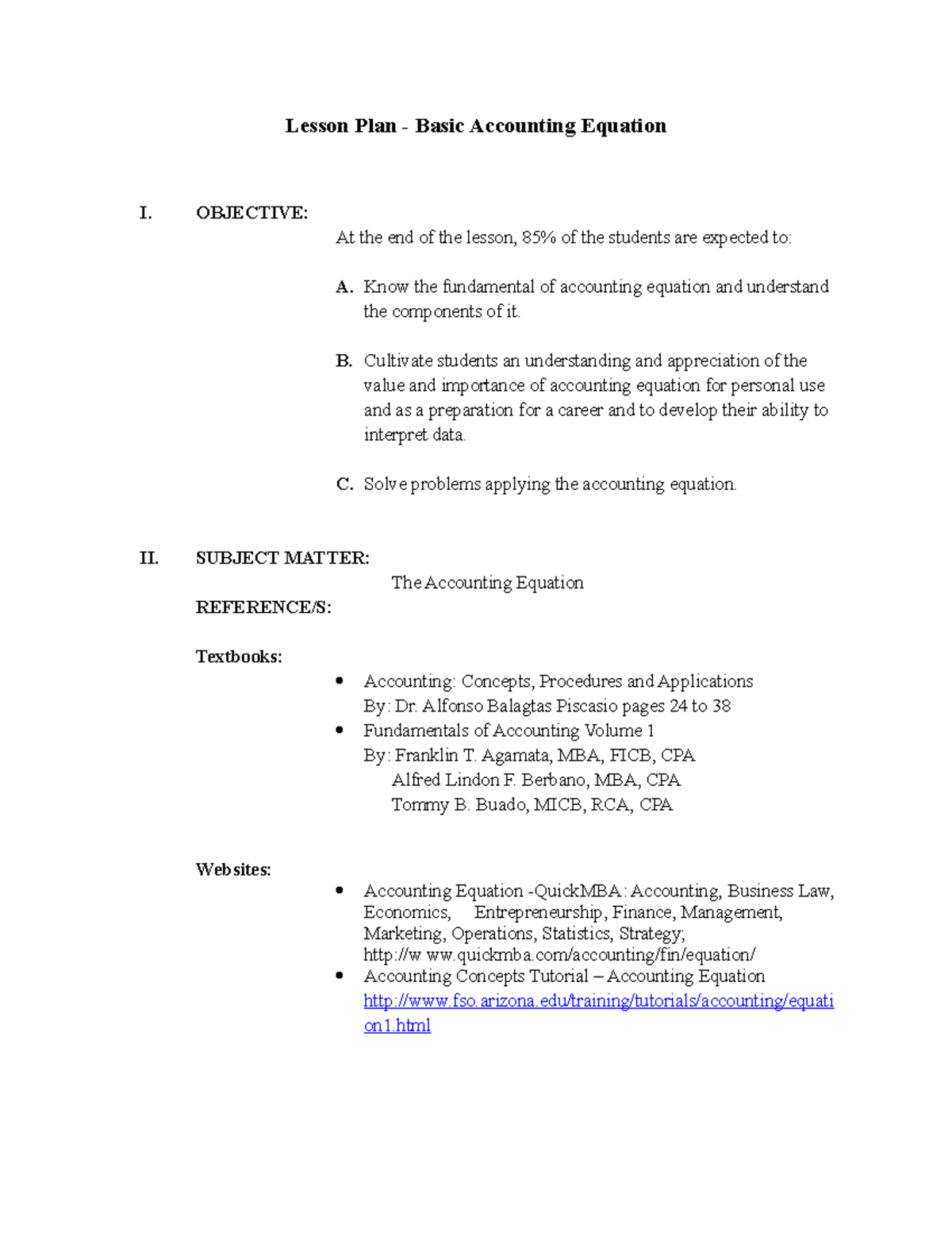Lesson Plan- accounting equation - Lesson Plan - Basic Accounting ...
