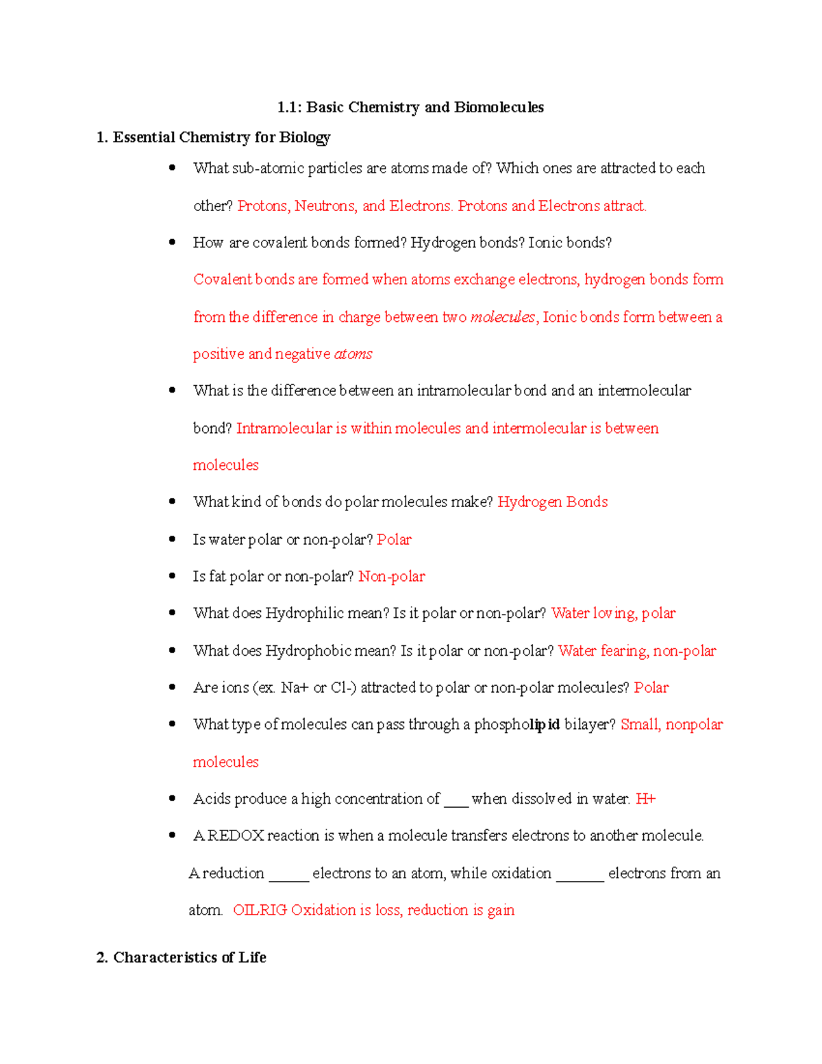 Resource for Exam 1 - 1: Basic Chemistry and Biomolecules 1. Essential ...