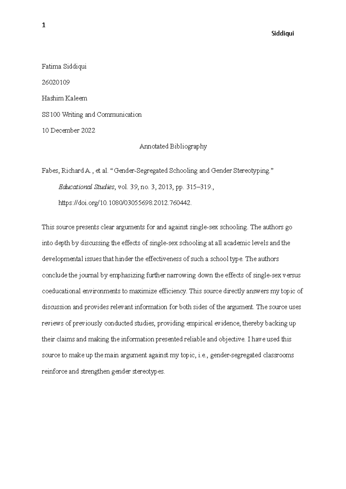 Annotated bibliography - Siddiqui Fatima Siddiqui 26020109 Hashim ...