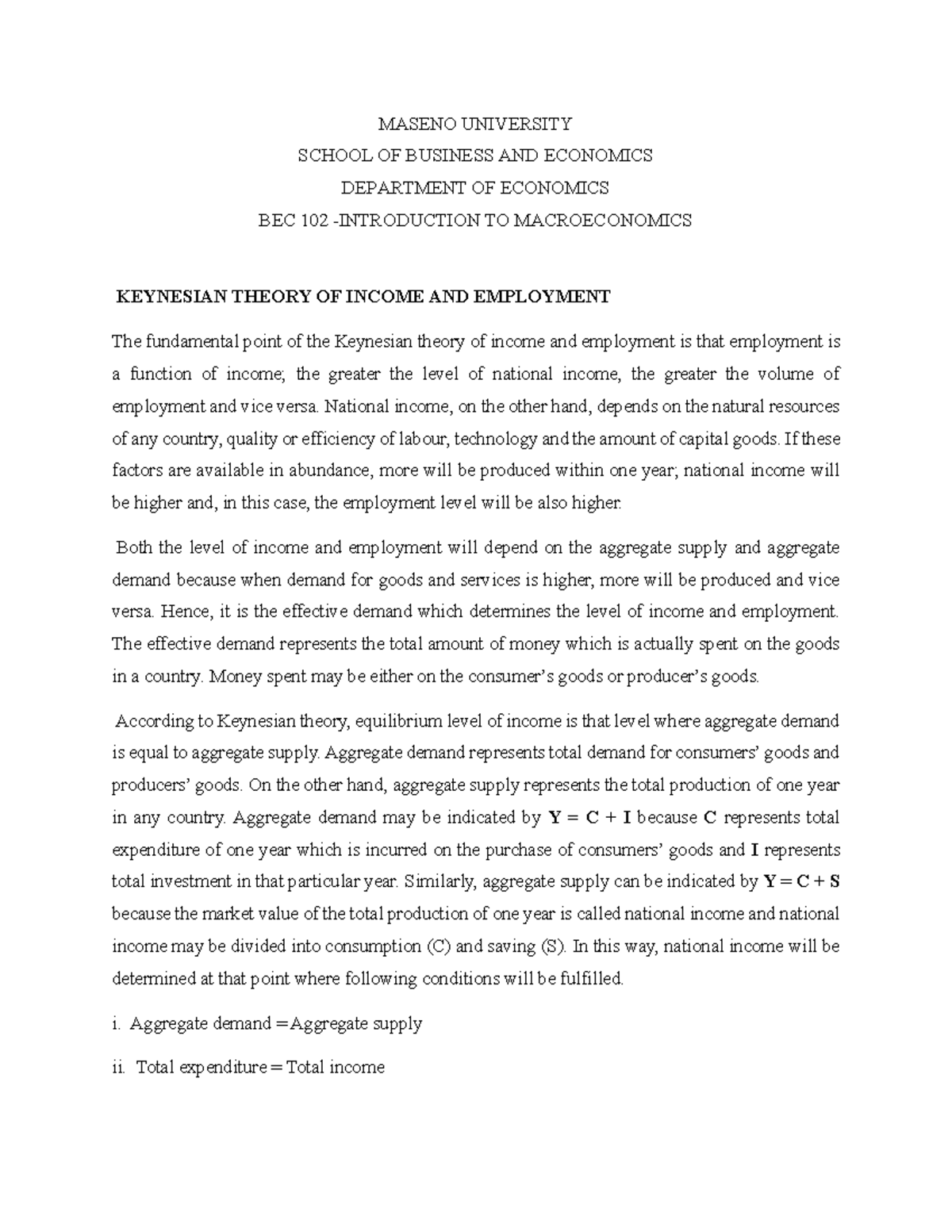 Keynesian Theory OF Income AND Employment 2023 - MASENO UNIVERSITY ...