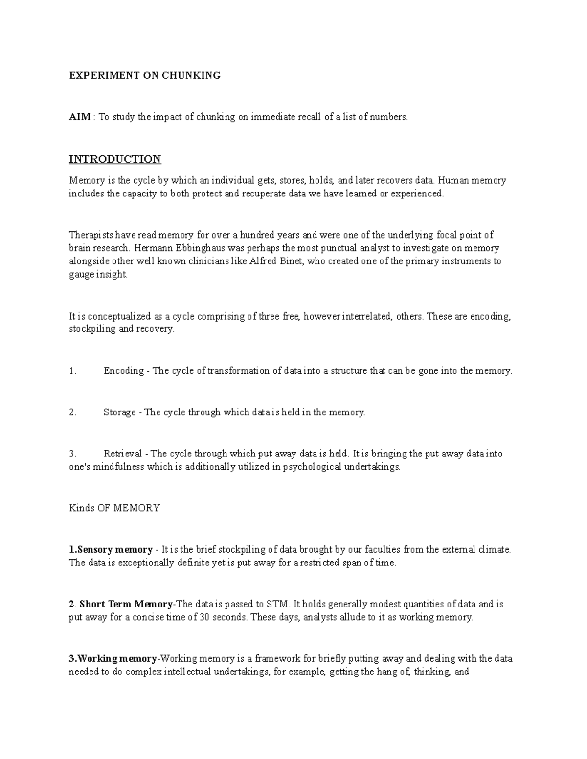 Chunking - EXPERIMENT ON CHUNKING AIM : To study the impact of chunking ...