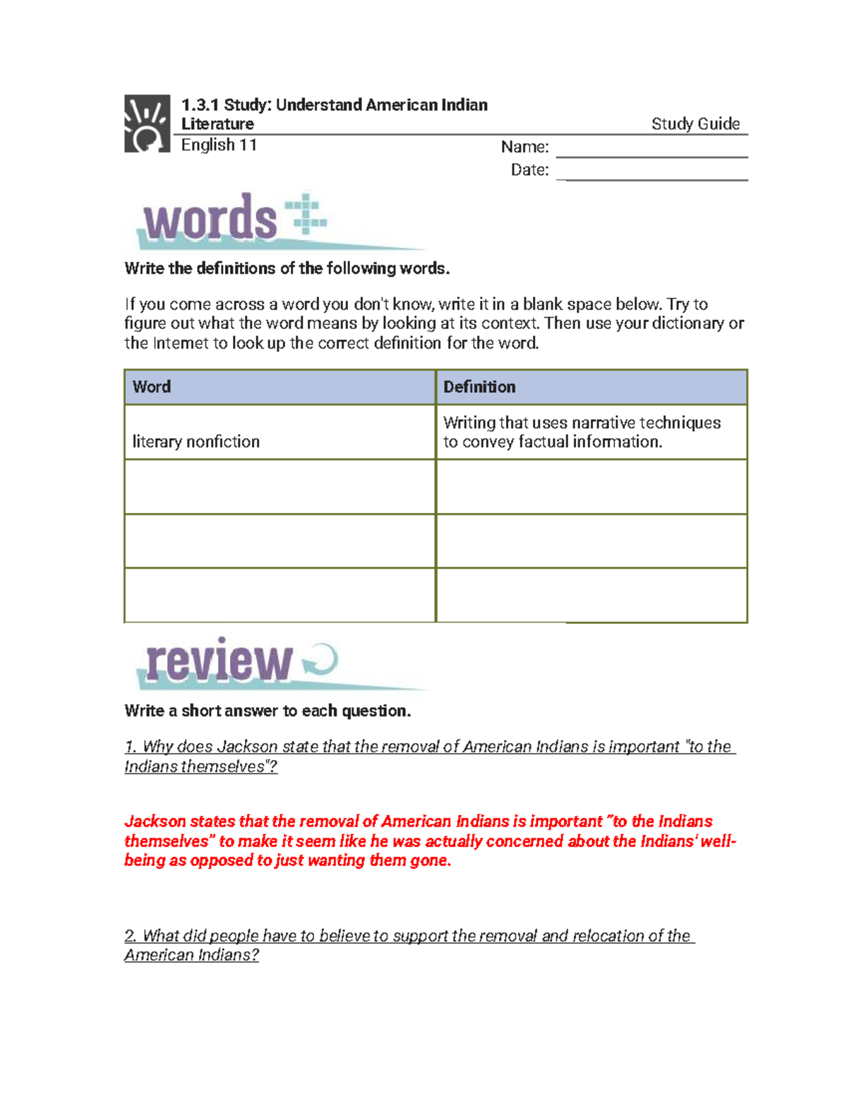 1.3.1 Study - Understand American Indian Literature (Study guide) - 1.3 ...