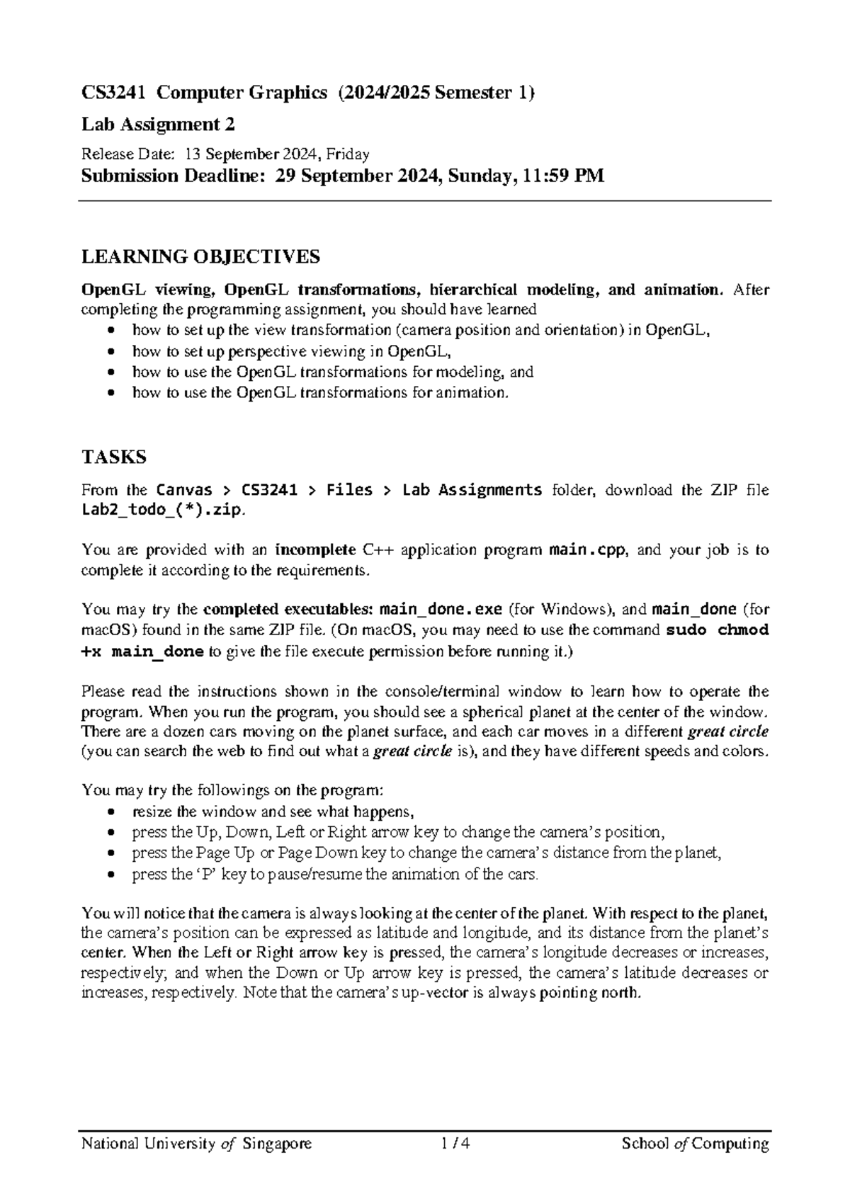 Lab2 - Lab 2 questions - CS3241 Computer Graphics ( 2024 /202 5 Semester 1) Lab Assignment 2 ...