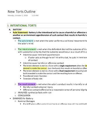 Torts Outline for Final - INTENTIONAL TORTS Intent - Second Restatement ...