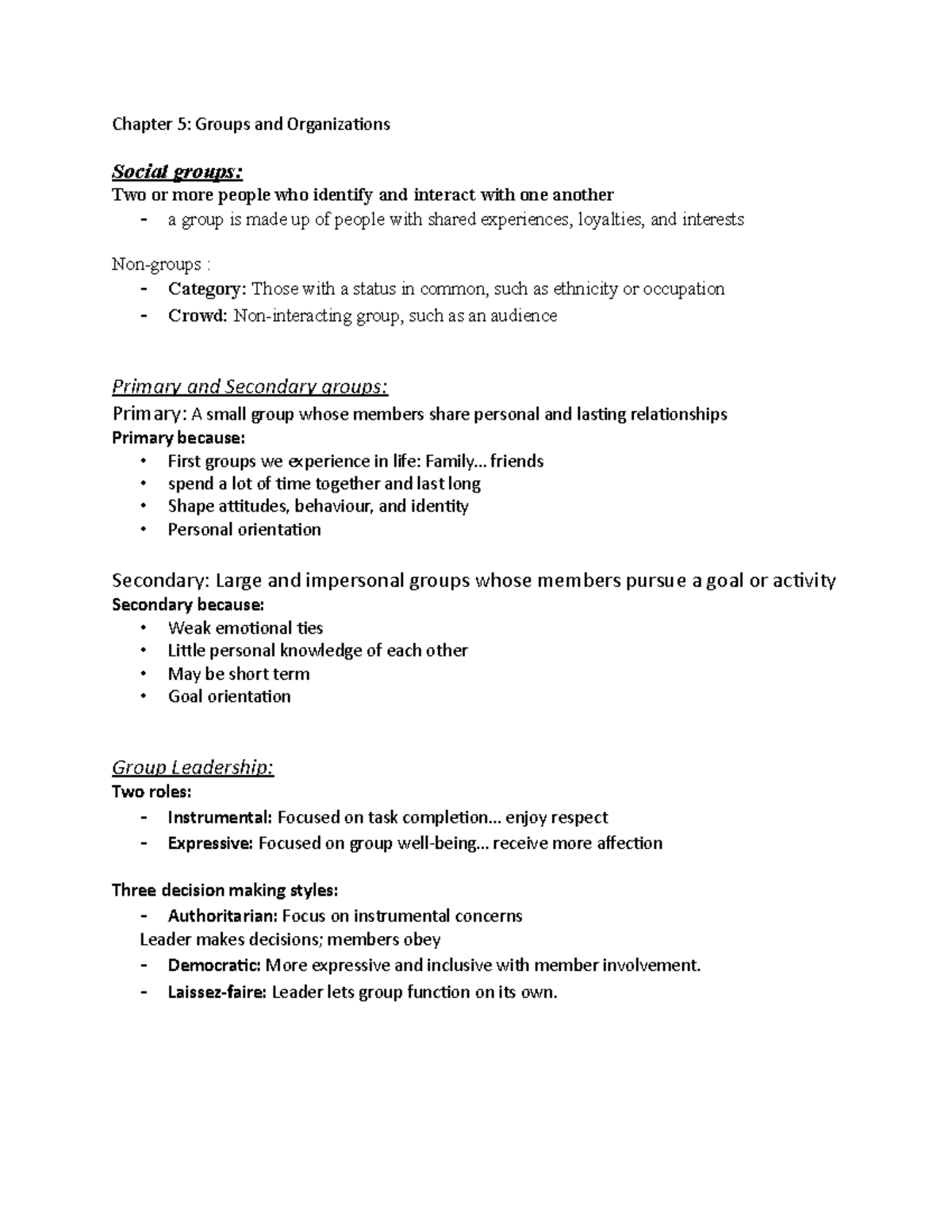 Chapter 5 - Chapter 5: Groups and Organizations Social groups: Two or ...
