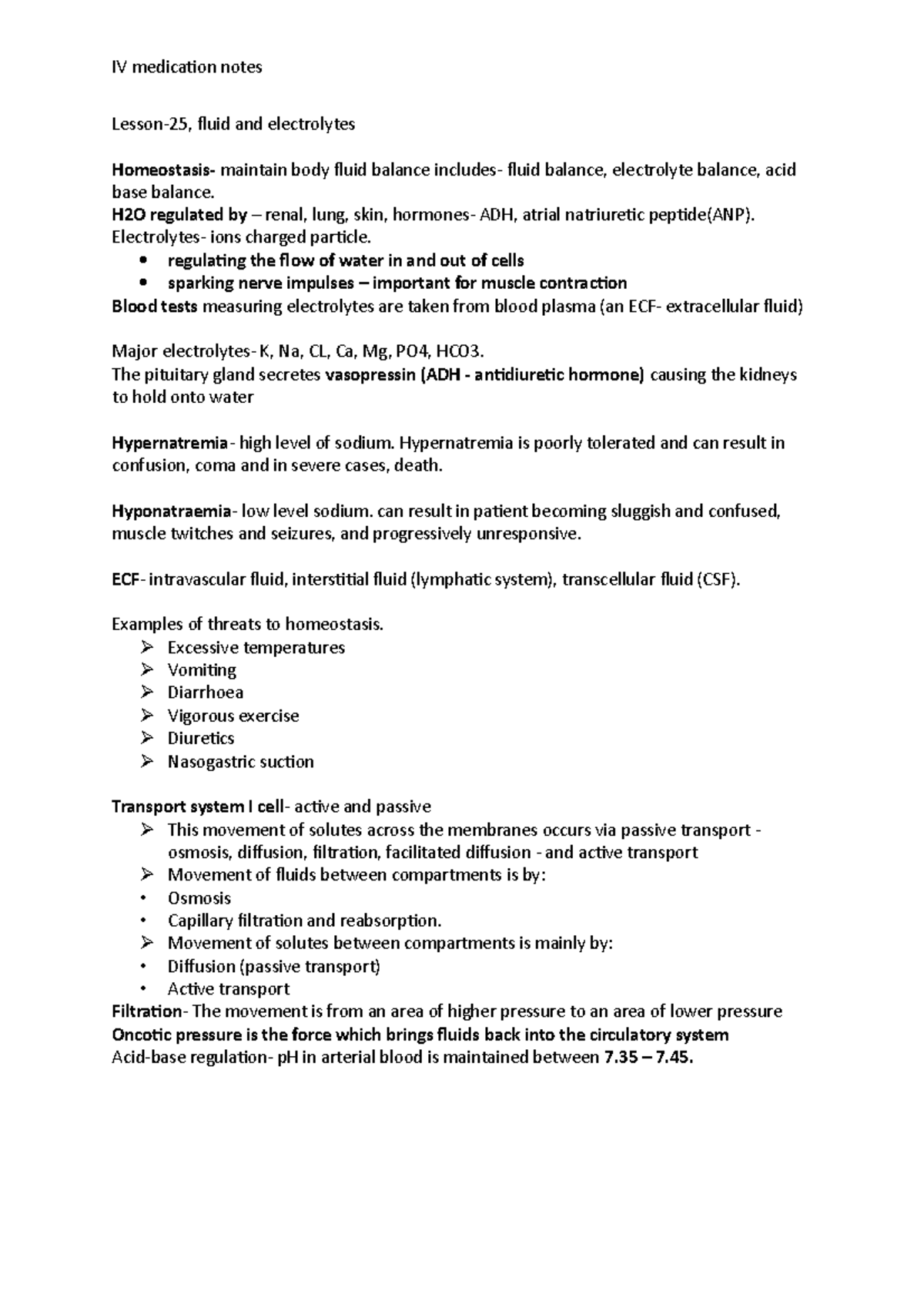 Notes meds IV - IV medication notes Lesson-25, fluid and electrolytes ...