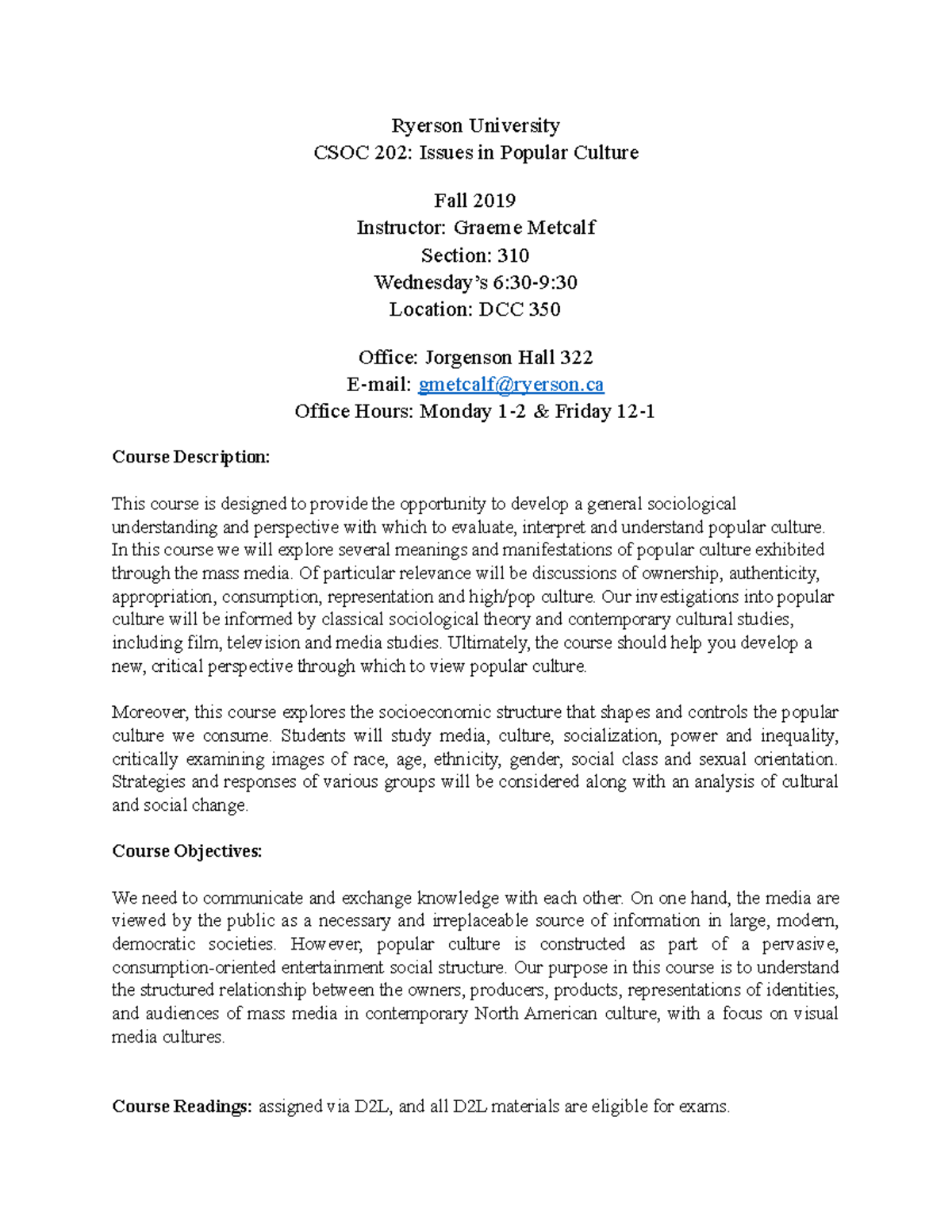 CSOC 202 Fall 2019 Course Outline - Ryerson University CSOC 202: Issues ...