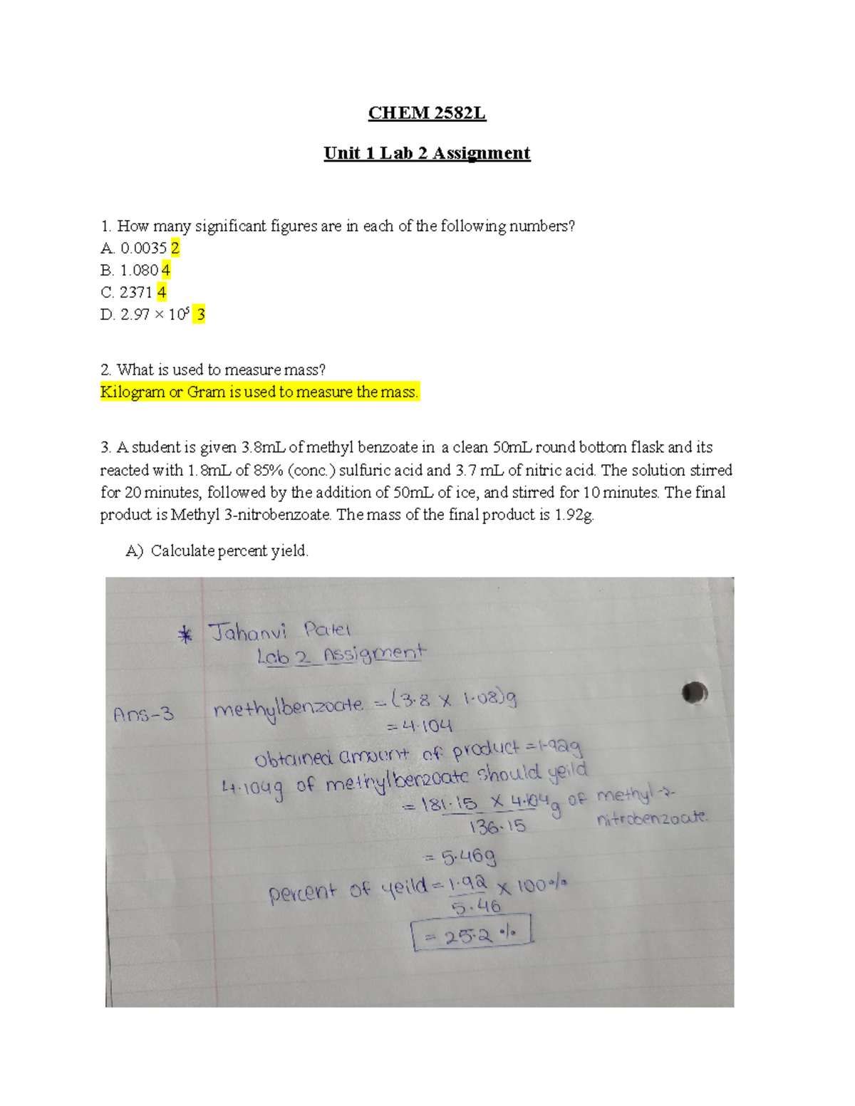 CHEM 2582 L Unit 2 Lab 2 Assignment - CHEM 2582L Unit 1 Lab 2 ...