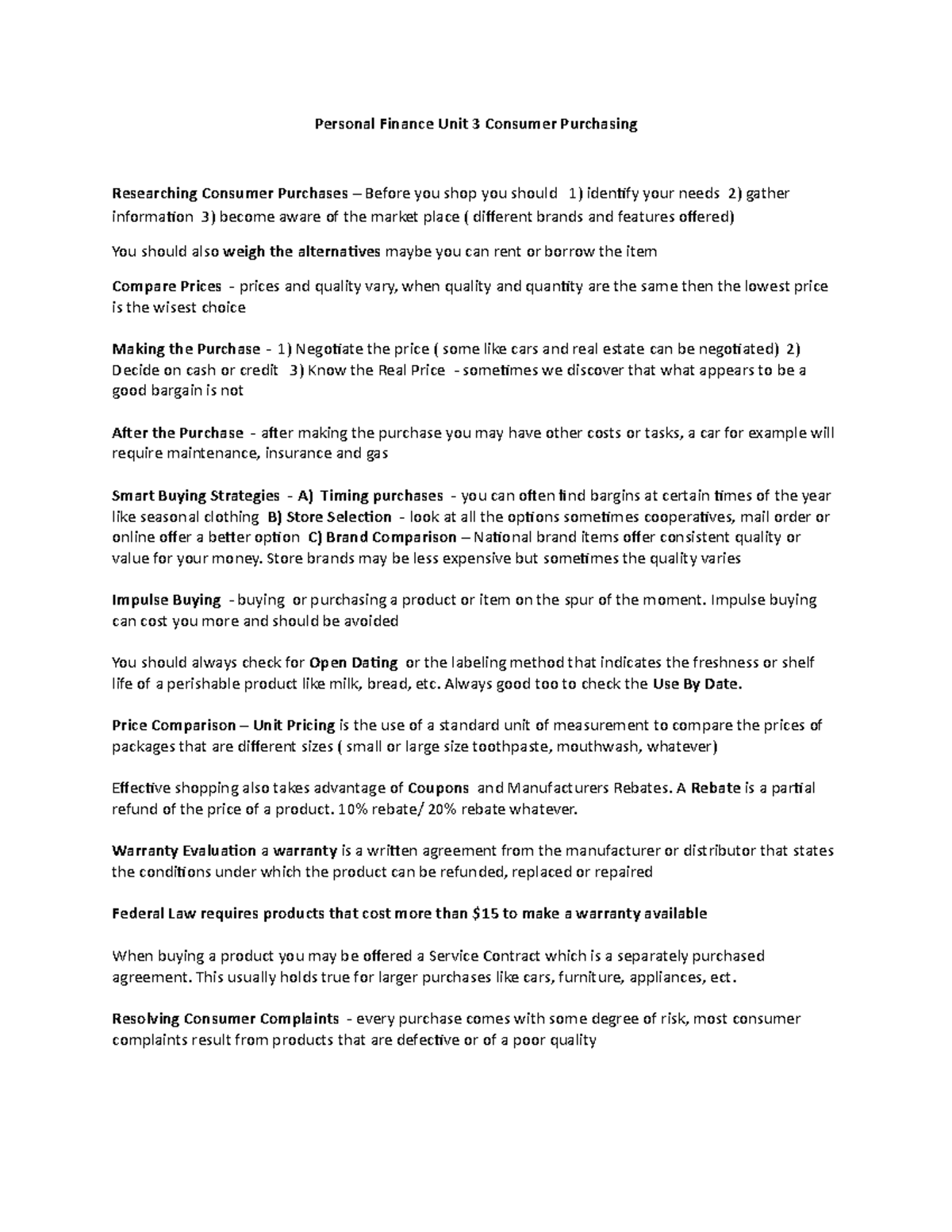Personal+Finance+Unit+3+Consumer+Purchasing - Personal Finance Unit 3 ...