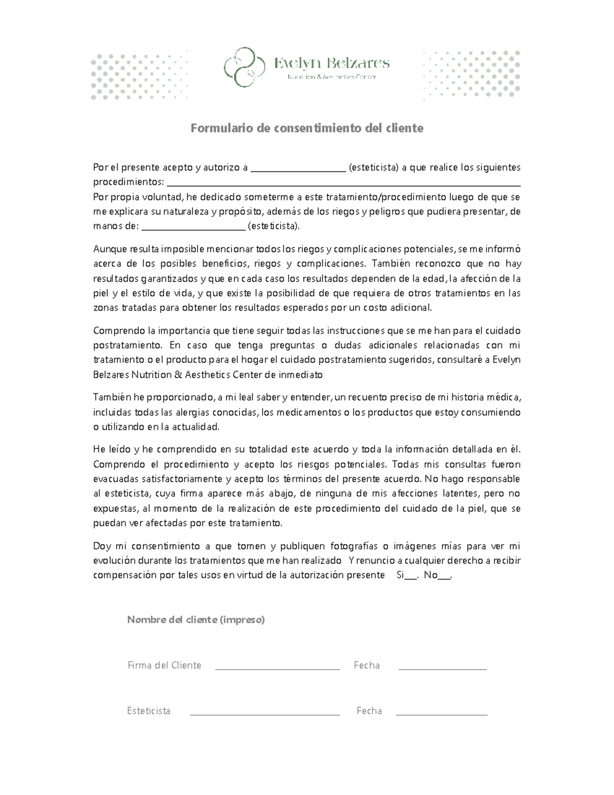 Planilla de consentimiento - Formulario de consentimiento del cliente ...