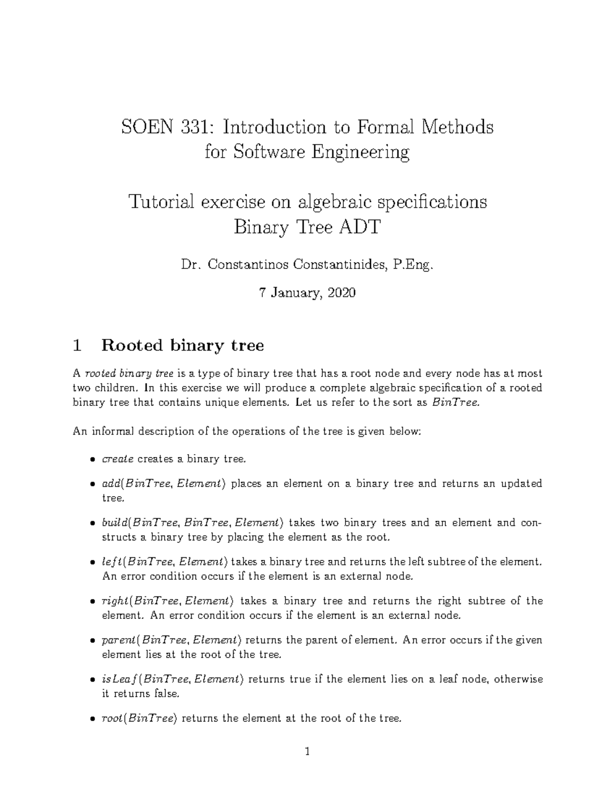 Toturial 9 algebraic specifications binary tree - SOEN 331 ...