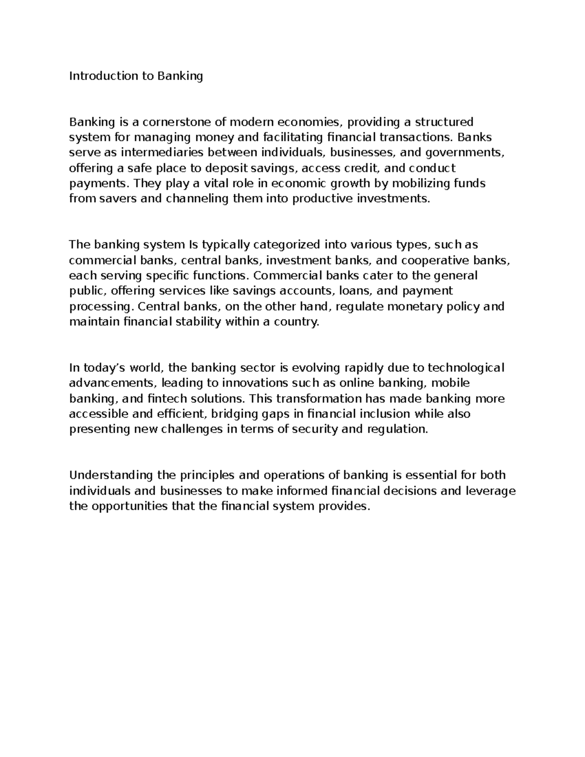 Banking - Introduction to Banking Banking is a cornerstone of modern ...
