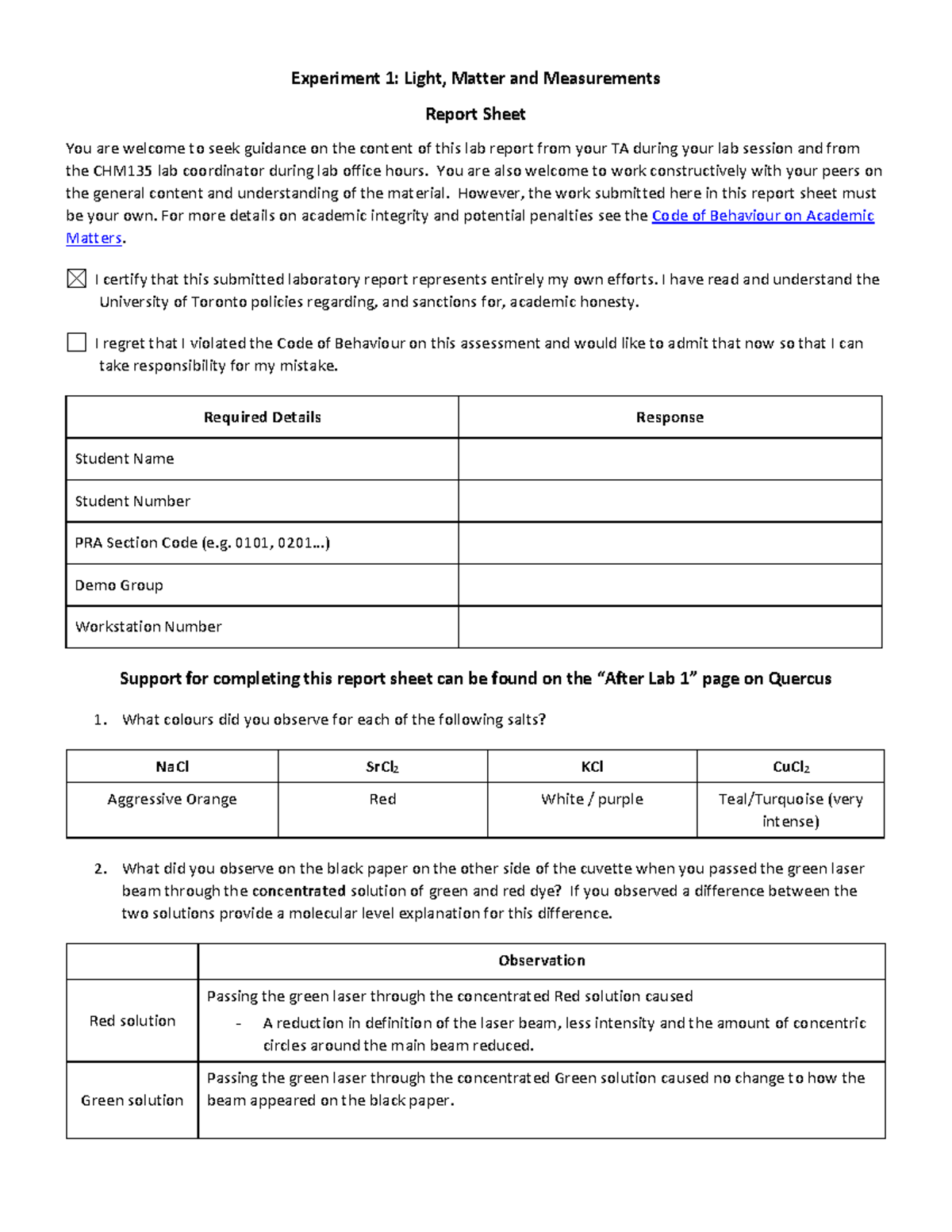 CHM135 Lab 1 Report Sheet - Experiment 1: Light, Matter and ...