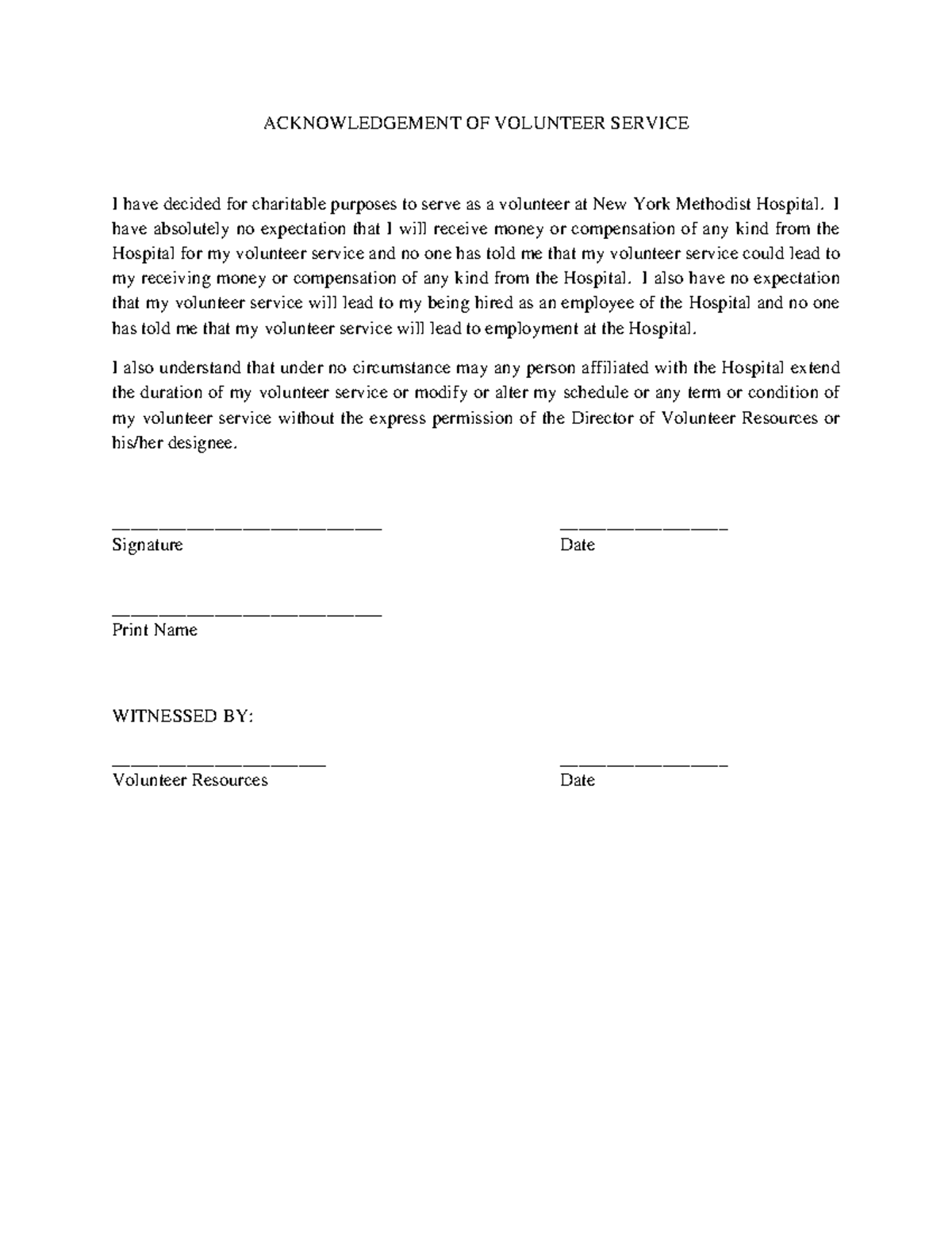 Acknowledgement of Volunteer Service - ACKNOWLEDGEMENT OF VOLUNTEER ...