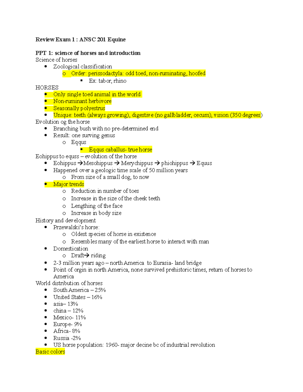 Review Exam 1- equine - Review Exam 1 : ANSC 201 Equine PPT 1: science ...