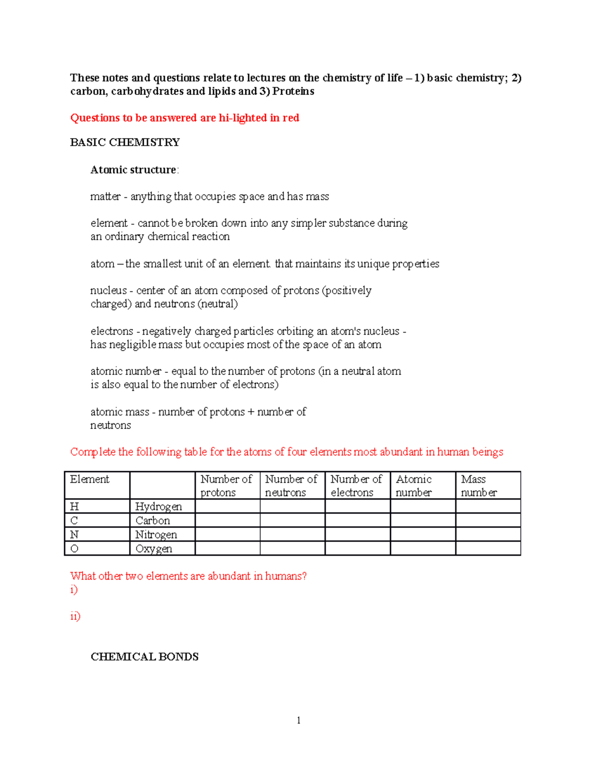 Chemistry of life lecture notes and questions copy - These notes and ...