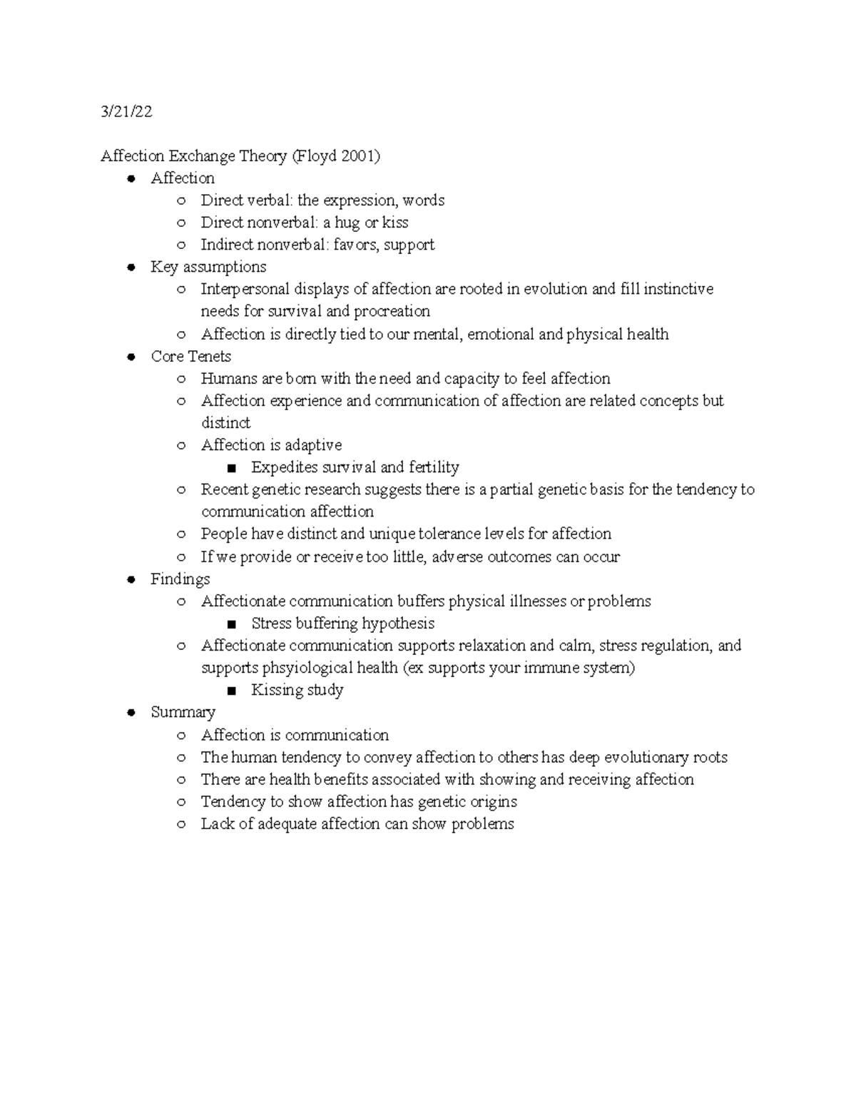 Comm230 3 21 - 3/21/ Affection Exchange Theory (Floyd 2001) Affection ...