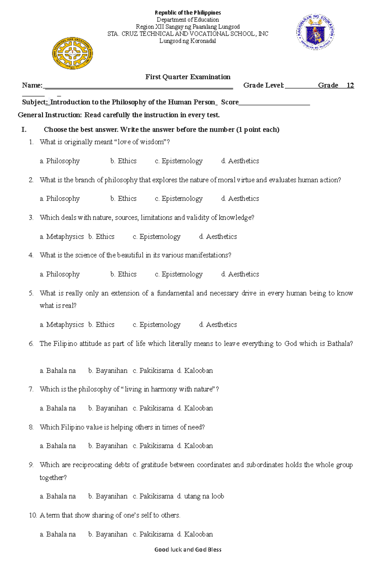 1st Quarter Exam Philo - good enough - Republic of the Philippines ...