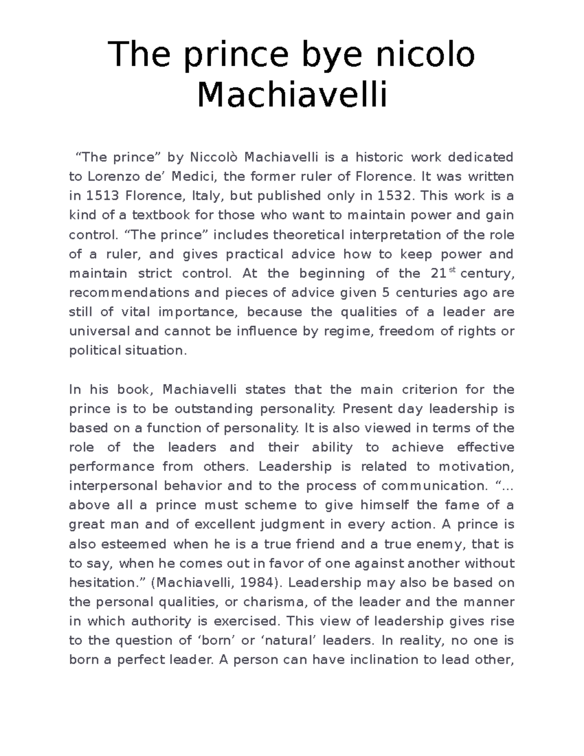 The prince - basic points - The prince bye nicolo Machiavelli “The ...