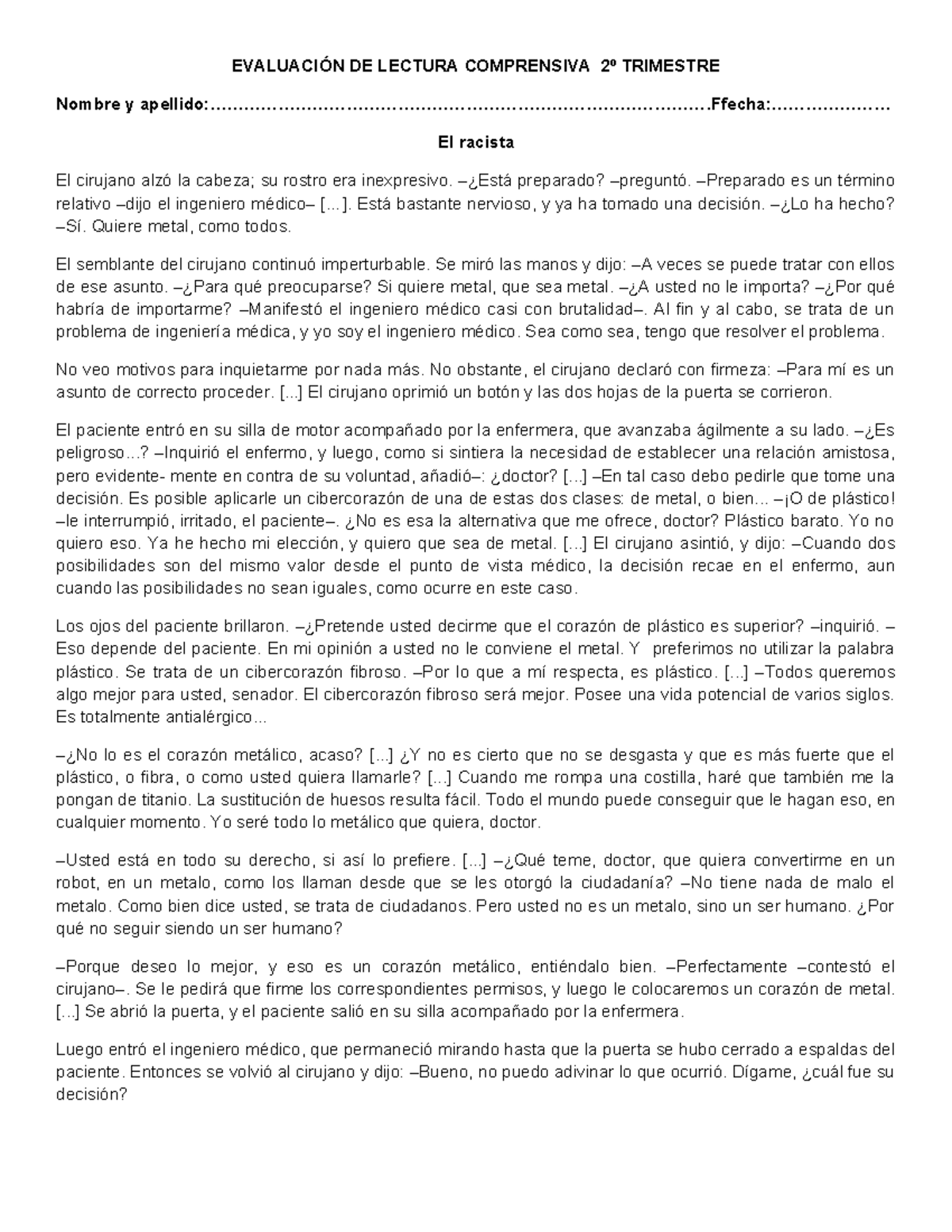 Evaluación DE Lectura Comprensiva 2º Trimestre - EVALUACIÓN DE LECTURA ...