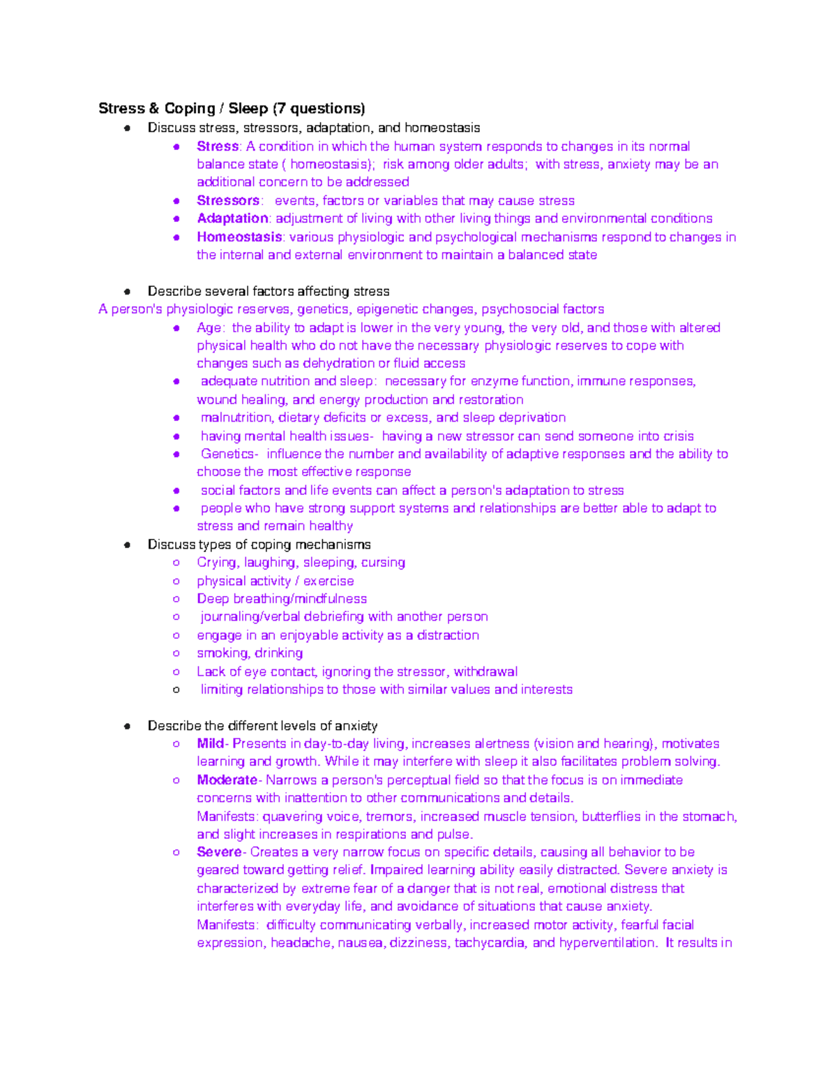 NRS 104 Exam 2 - Exam 2 study guide - Stress & Coping / Sleep (7 ...