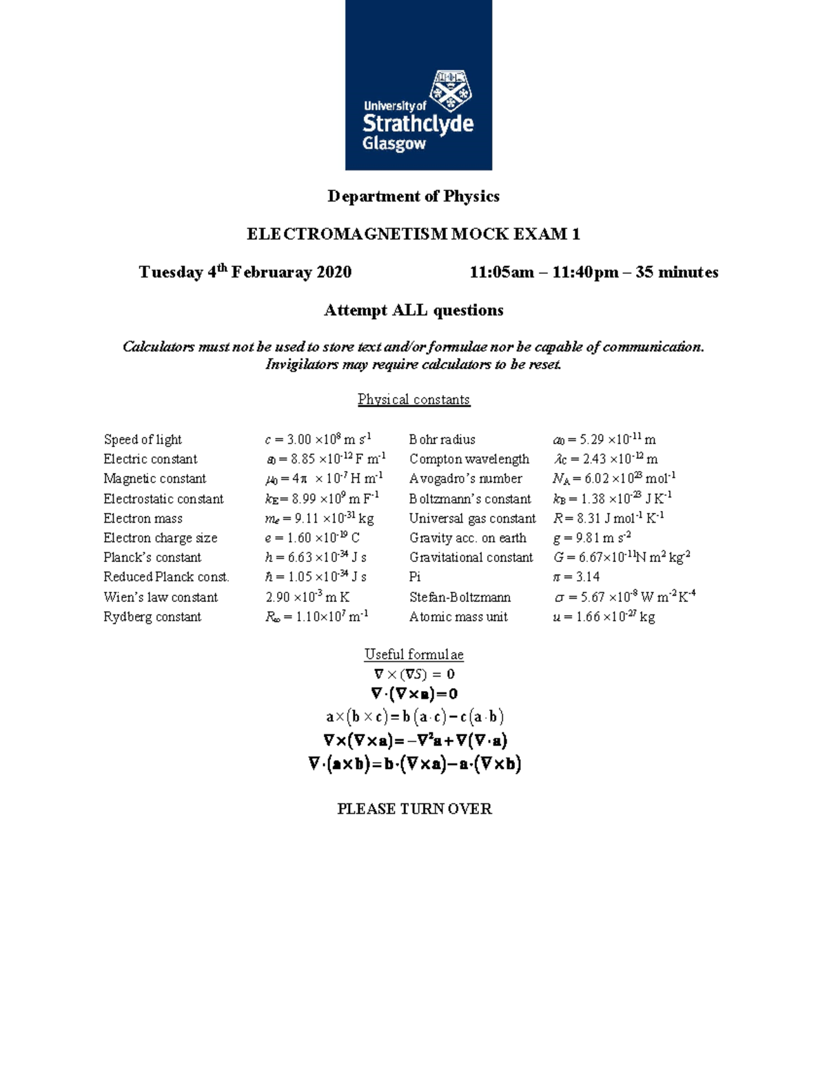 Sample/practice exam 4 February 2020, questions - Department of Physics ...