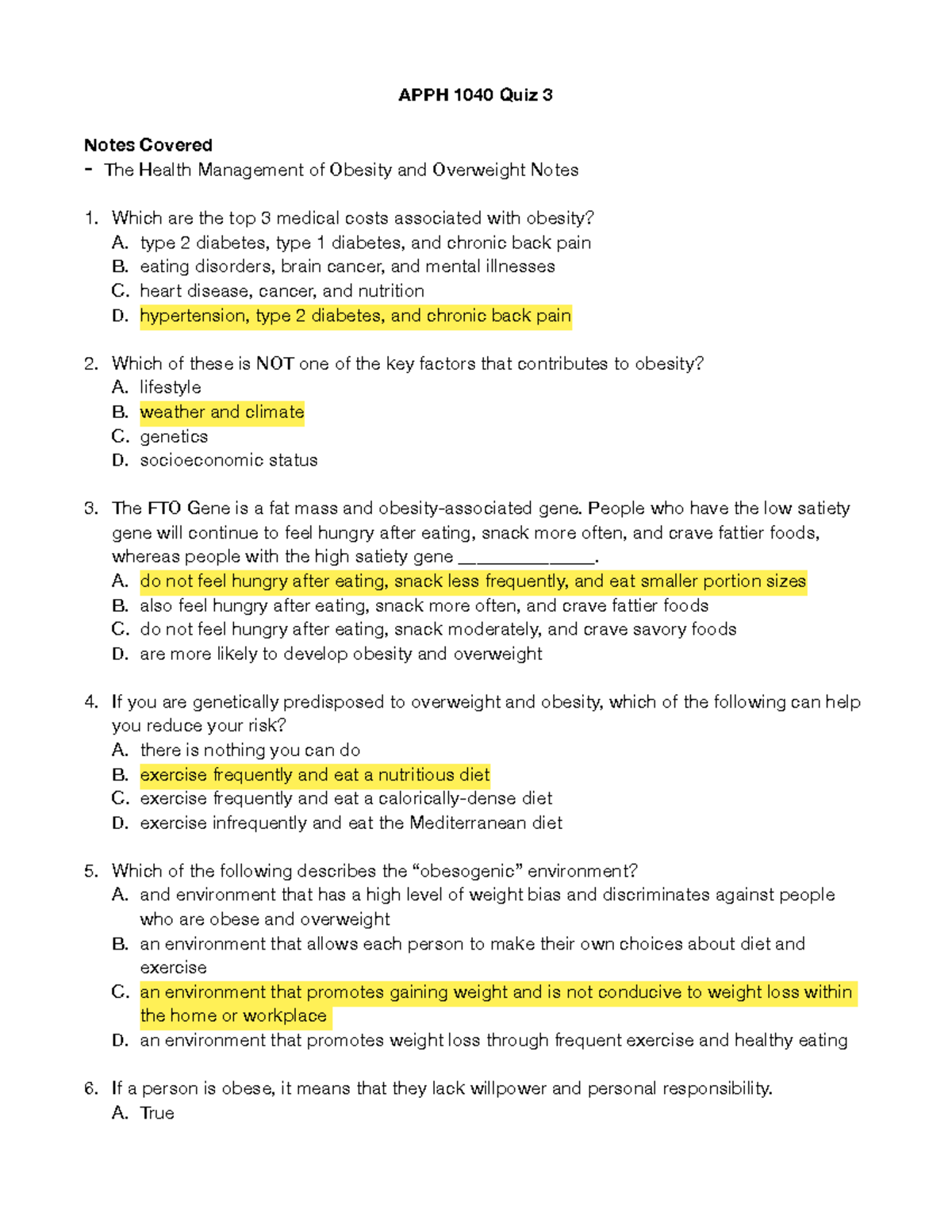 Quiz 3 Key - Practice Quiz for The Health Management of Obesity and ...