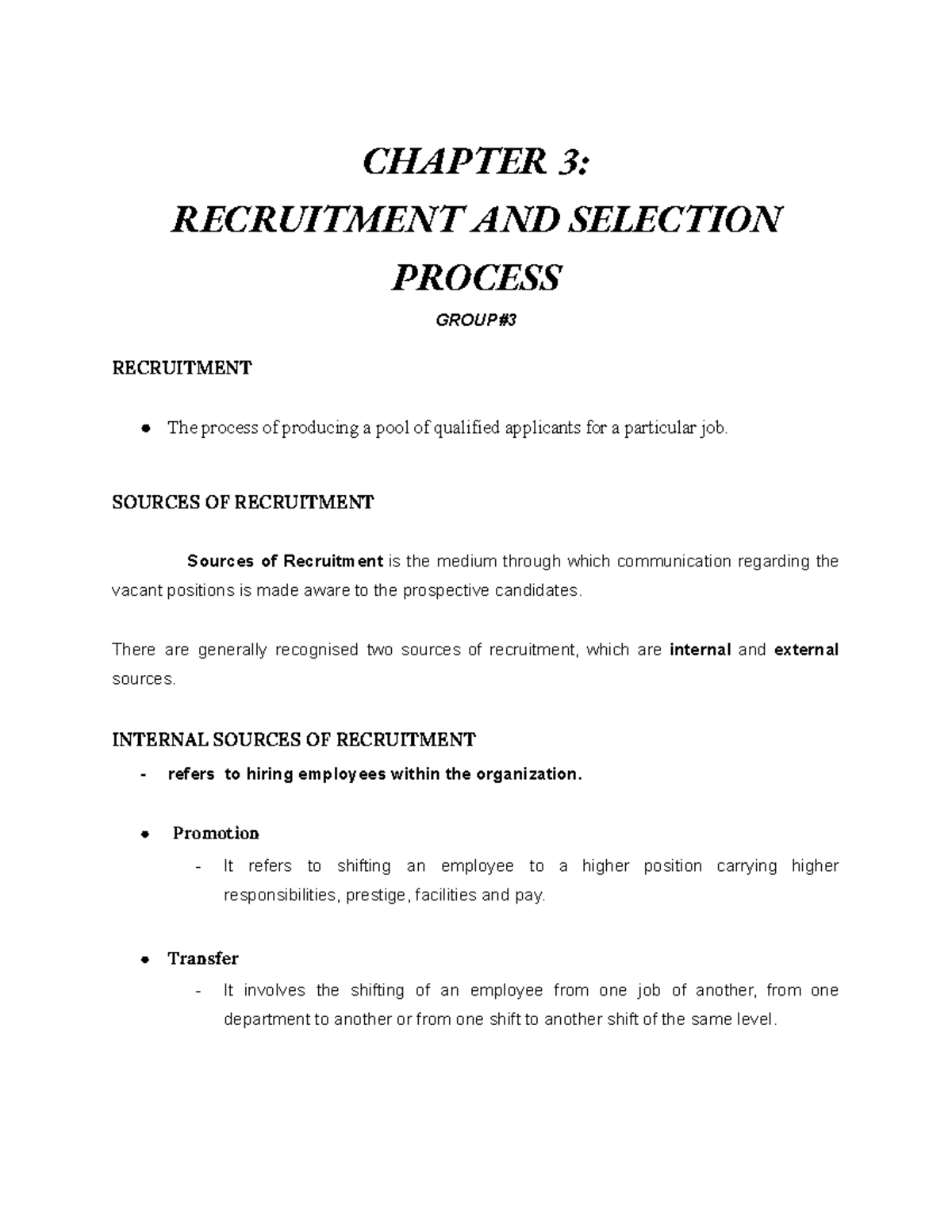 Group 3 HRM - CHAPTER 3 - CHAPTER 3: RECRUITMENT AND SELECTION PROCESS ...