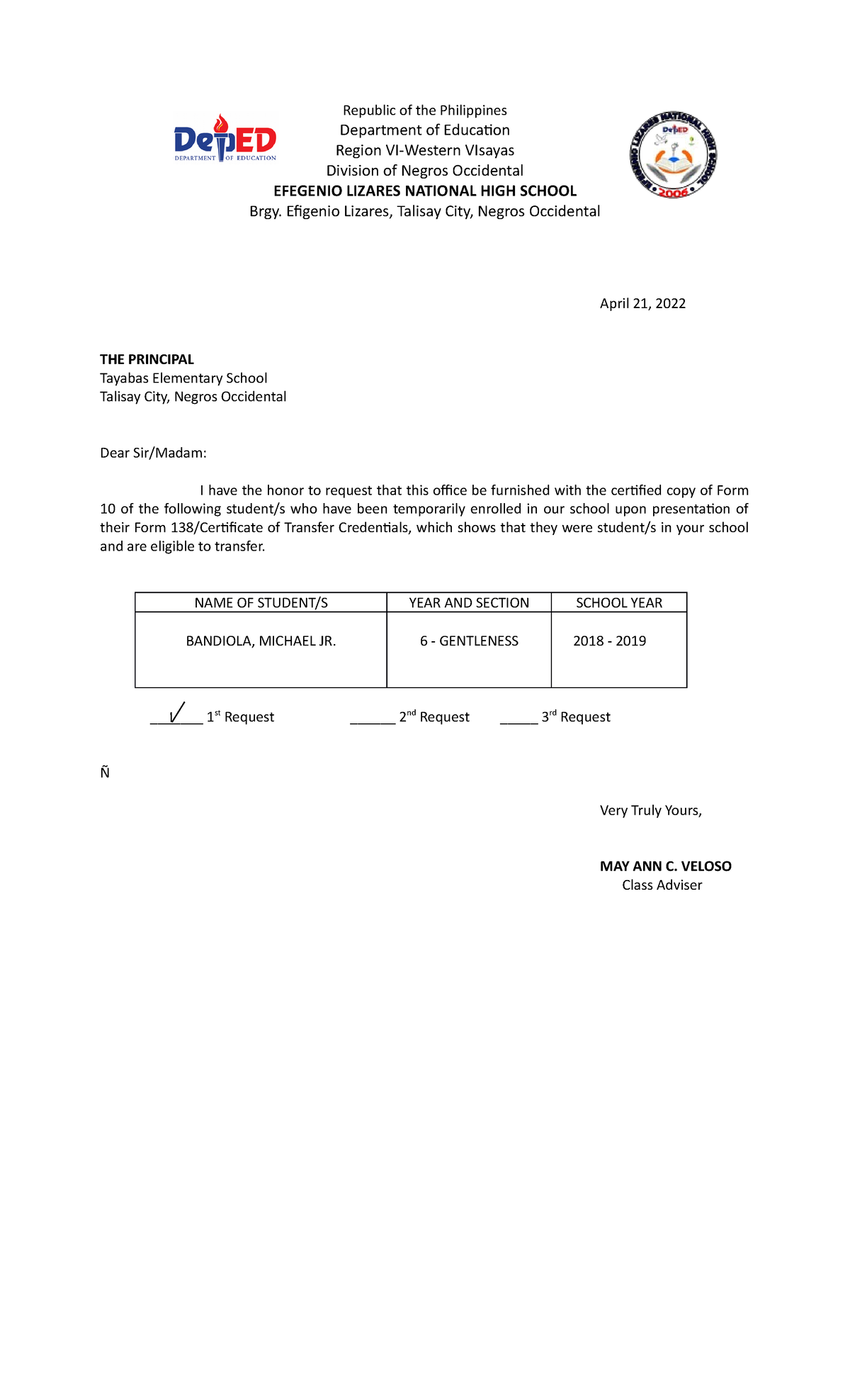 Request form 1 - Republic of the Philippines Department of Education ...