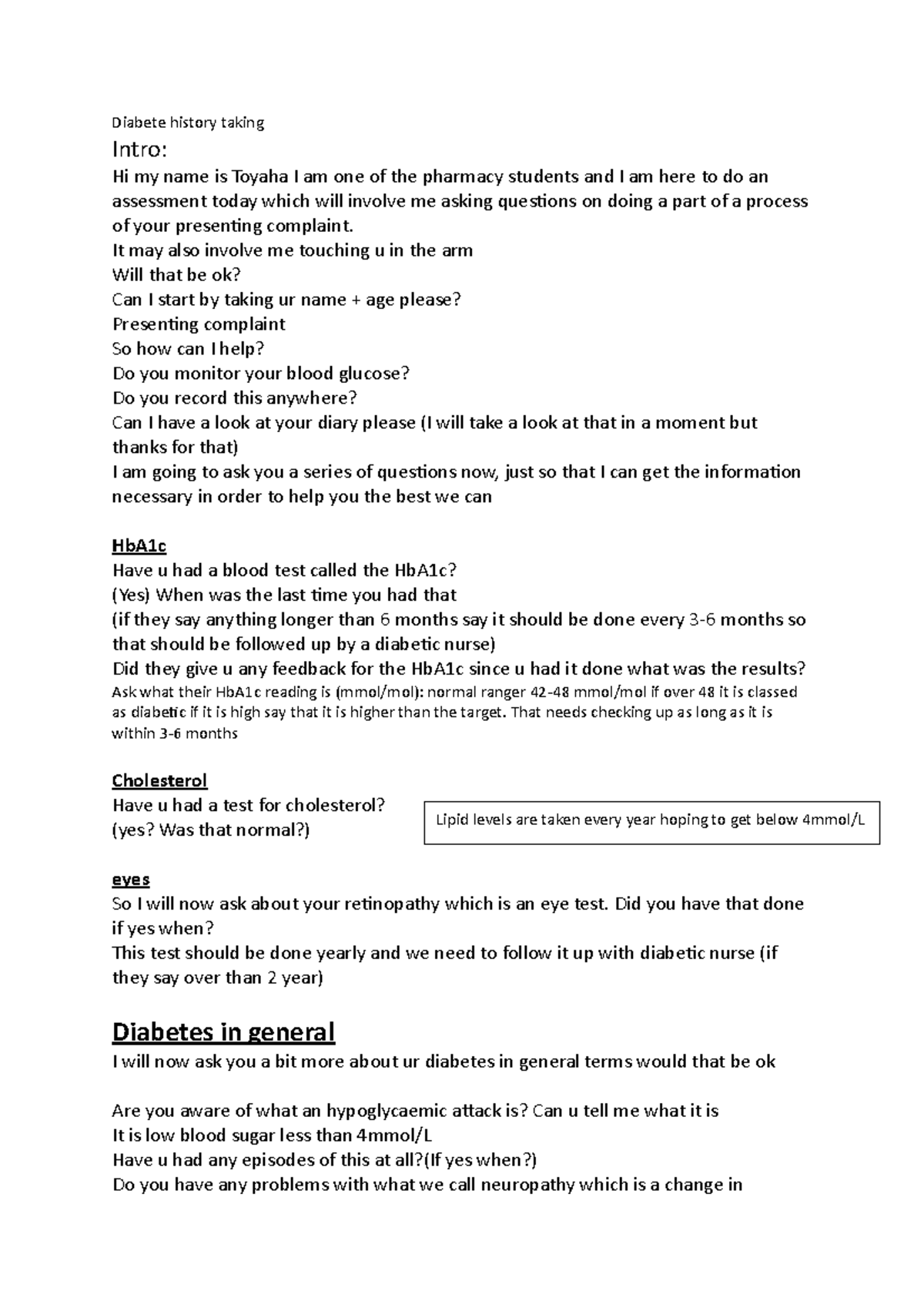 Diabetes focused history taking - Diabete history taking Intro: Hi my ...