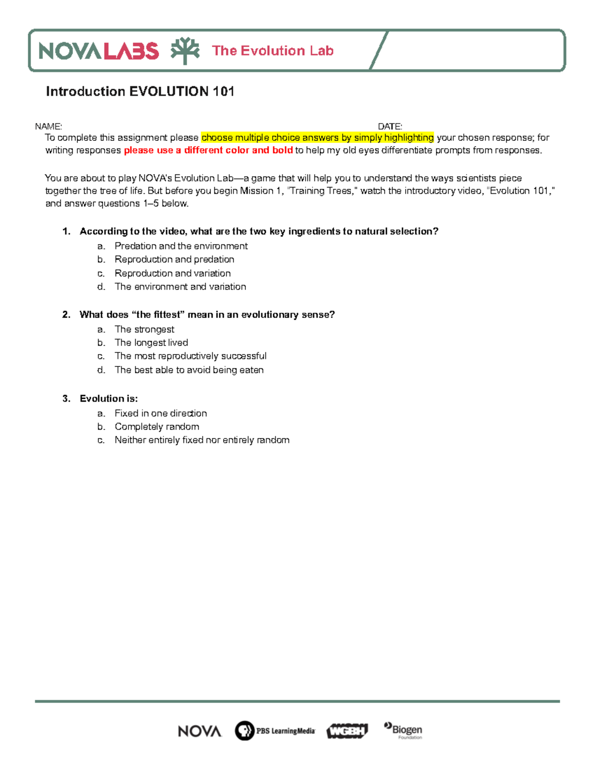 Pdf NOVA Evolution Lab Worksheets Selected Questions PER Mission - The ...
