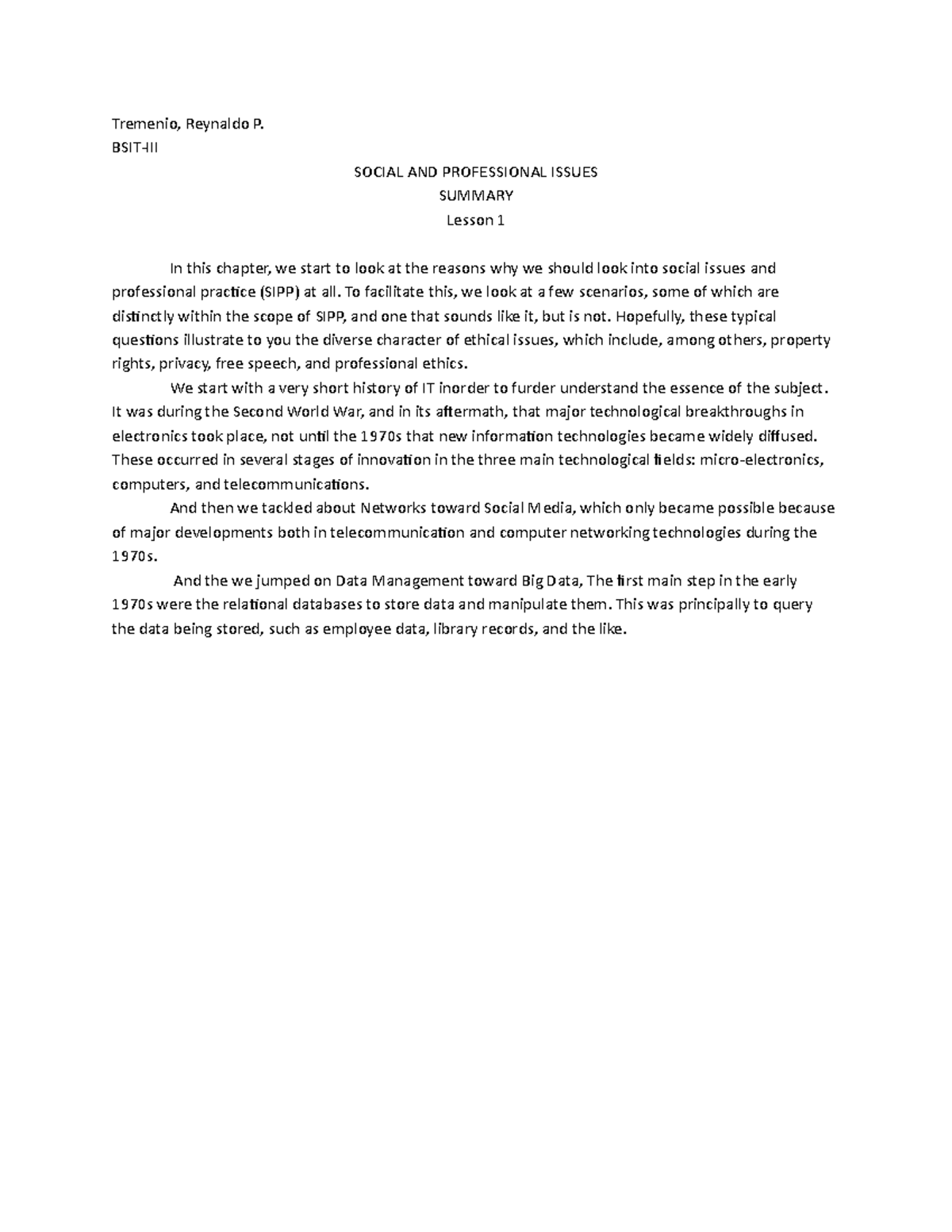 SP 101 Summary-WPS Office - Tremenio, Reynaldo P. BSIT-III SOCIAL AND ...