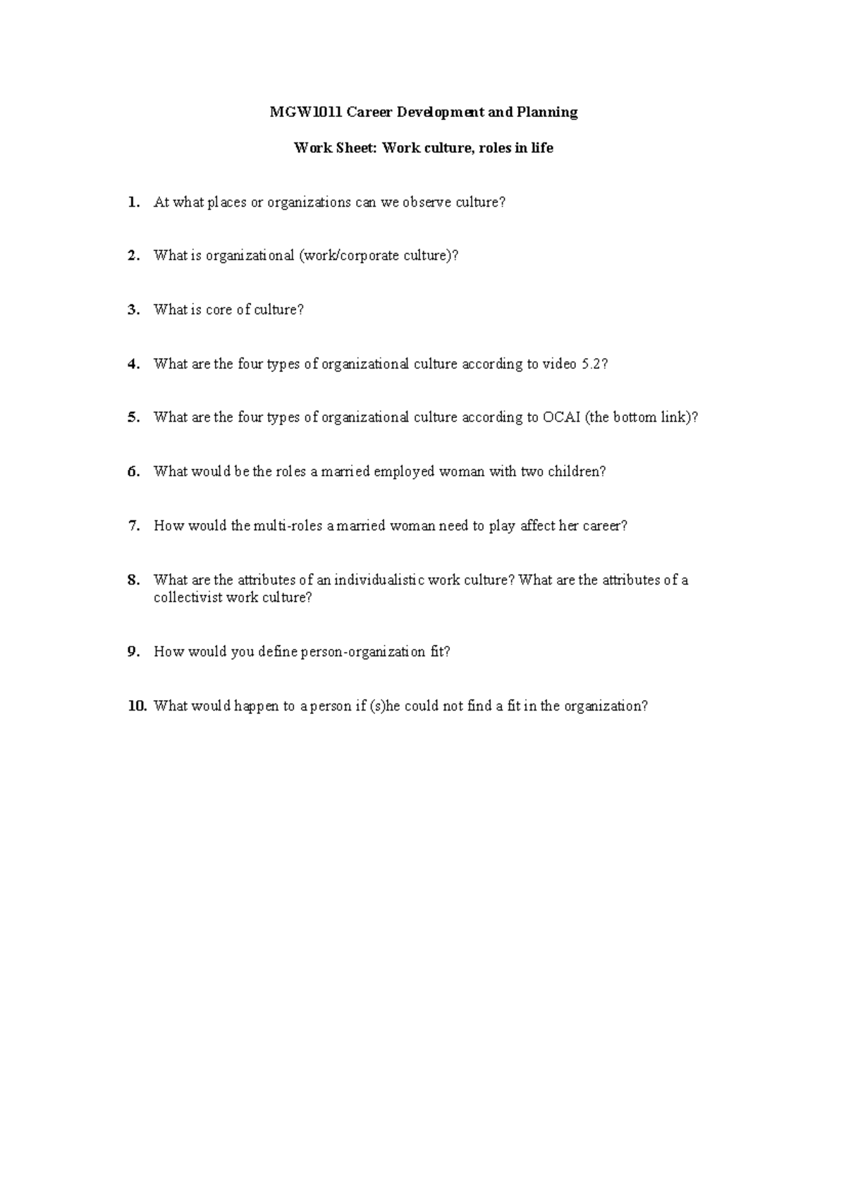 2022.04.01 Worksheet W5 Work culture - MGW1011 Career Development and ...