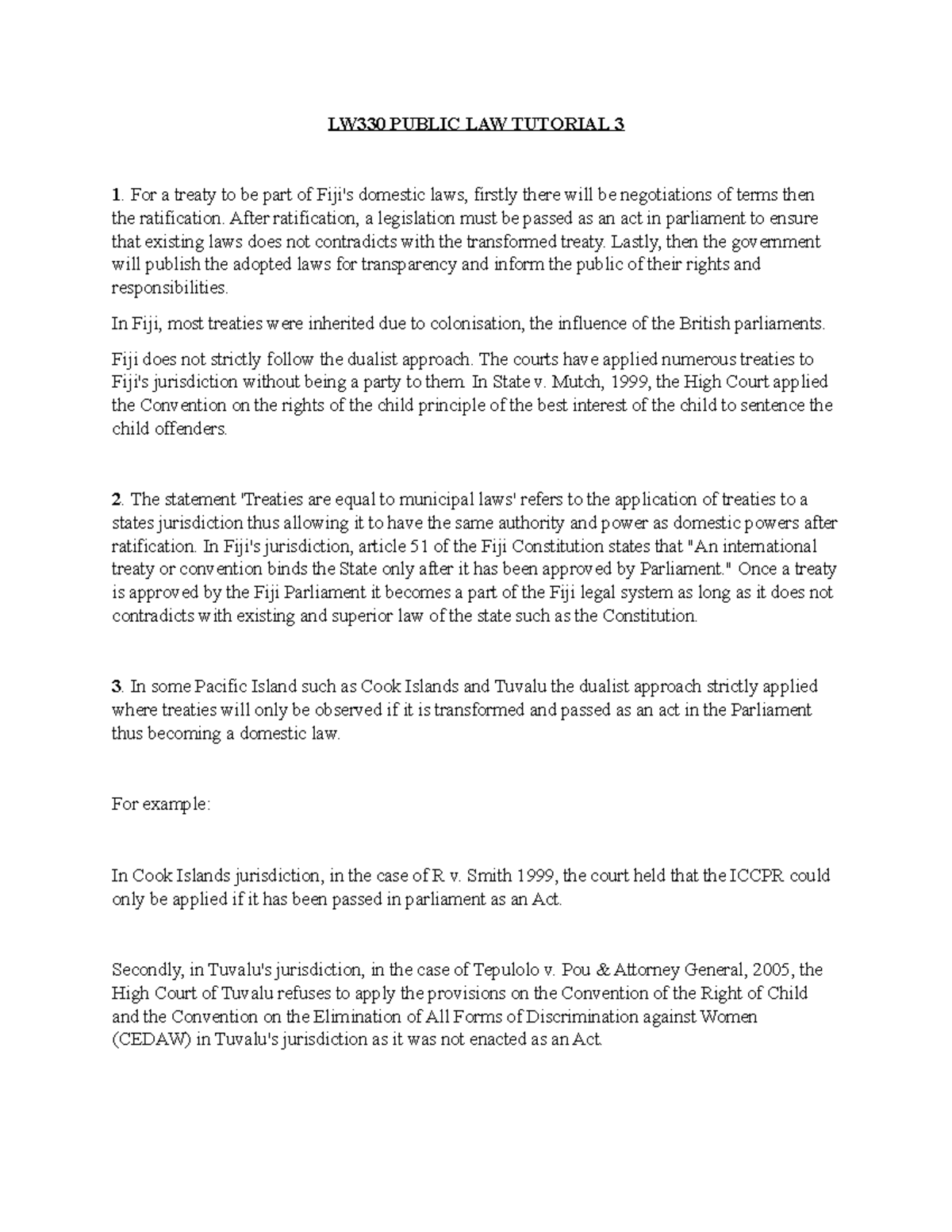 LW330 Tutorial 3 - LW330 PUBLIC LAW TUTORIAL 3 For a treaty to be part ...