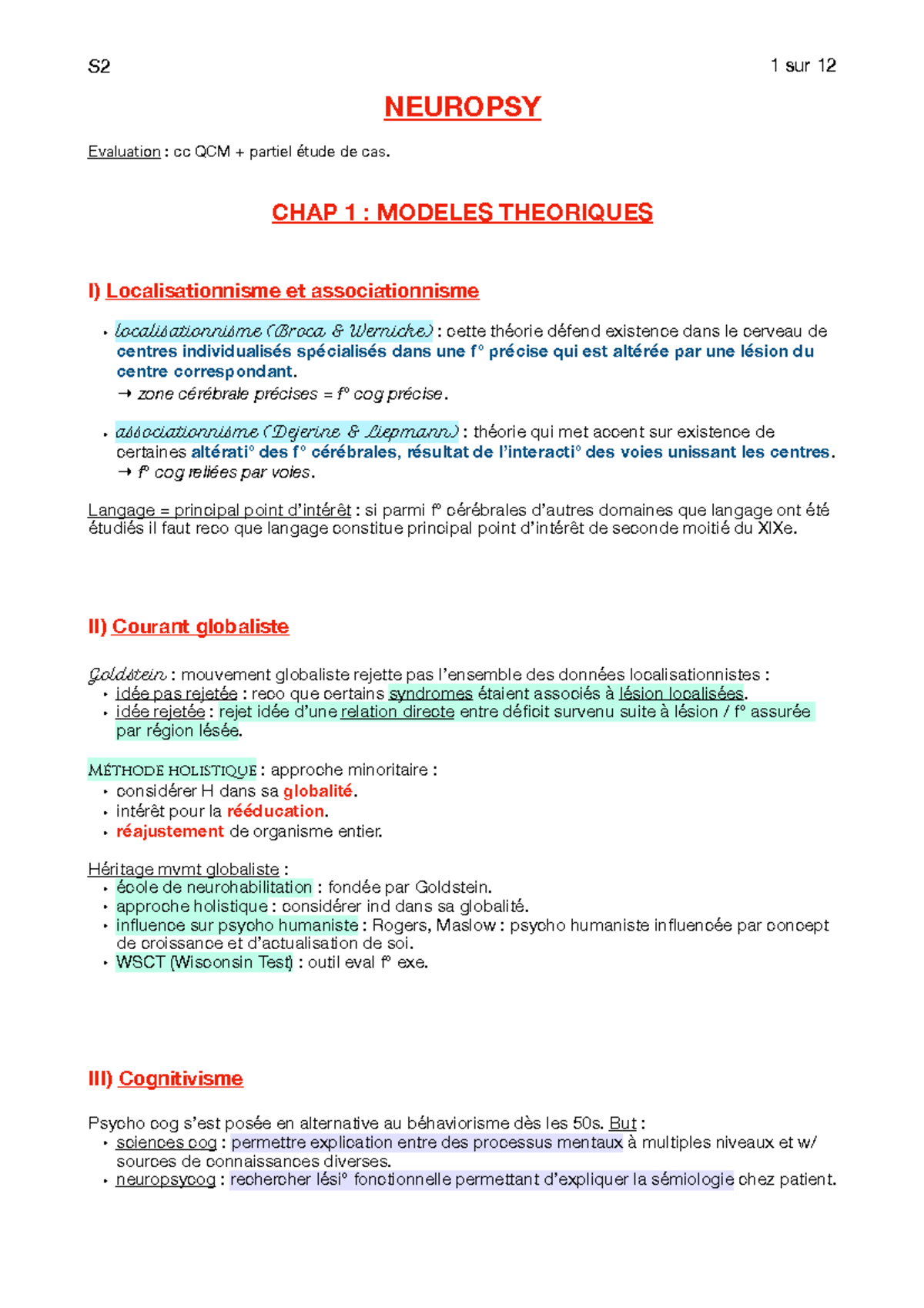 Neuropsy - cours master - NEUROPSY Evaluation : cc QCM + partiel étude ...