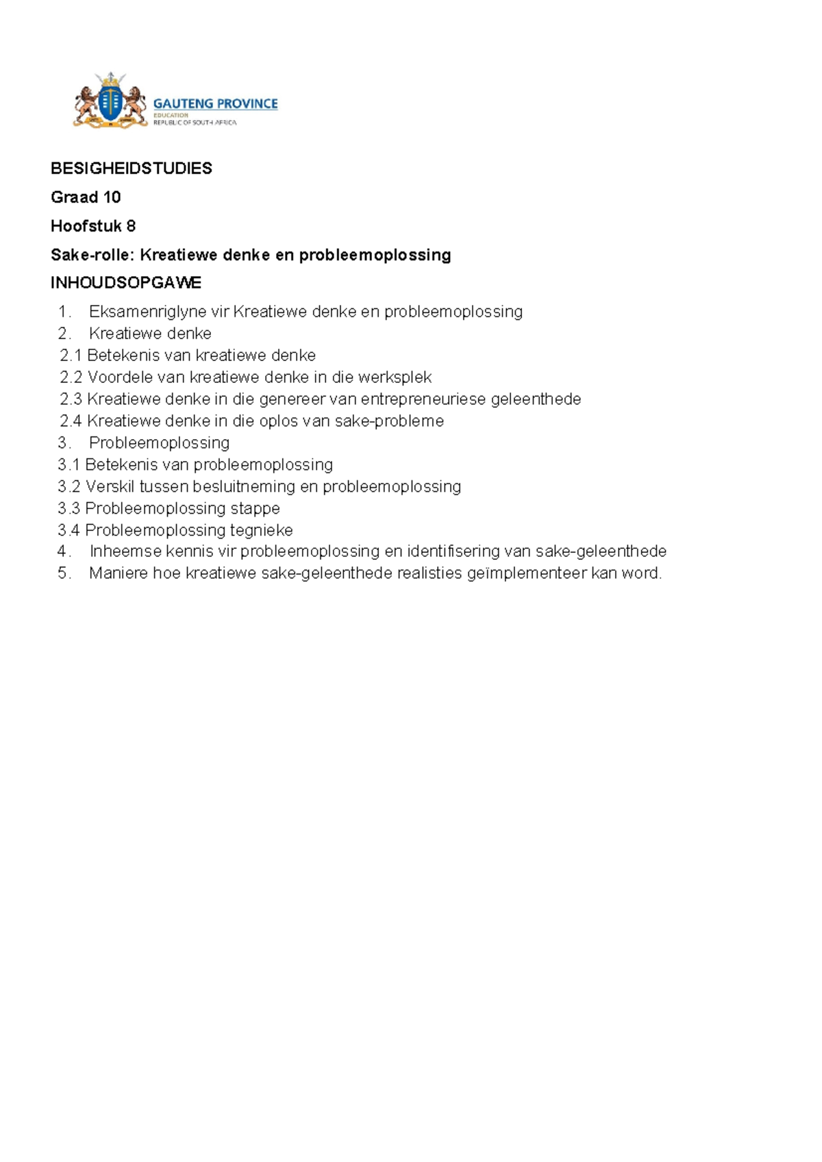 BSTD Graad 10 WEEK 1-2 Kreatiewe Denke EN Probleempolossing ...