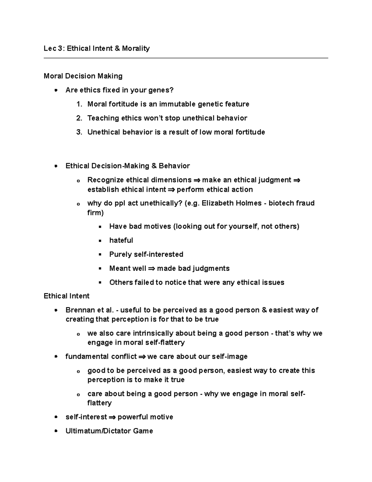 BUS 223 - 4 - notes - Lec 3: Ethical Intent & Morality Moral Decision ...