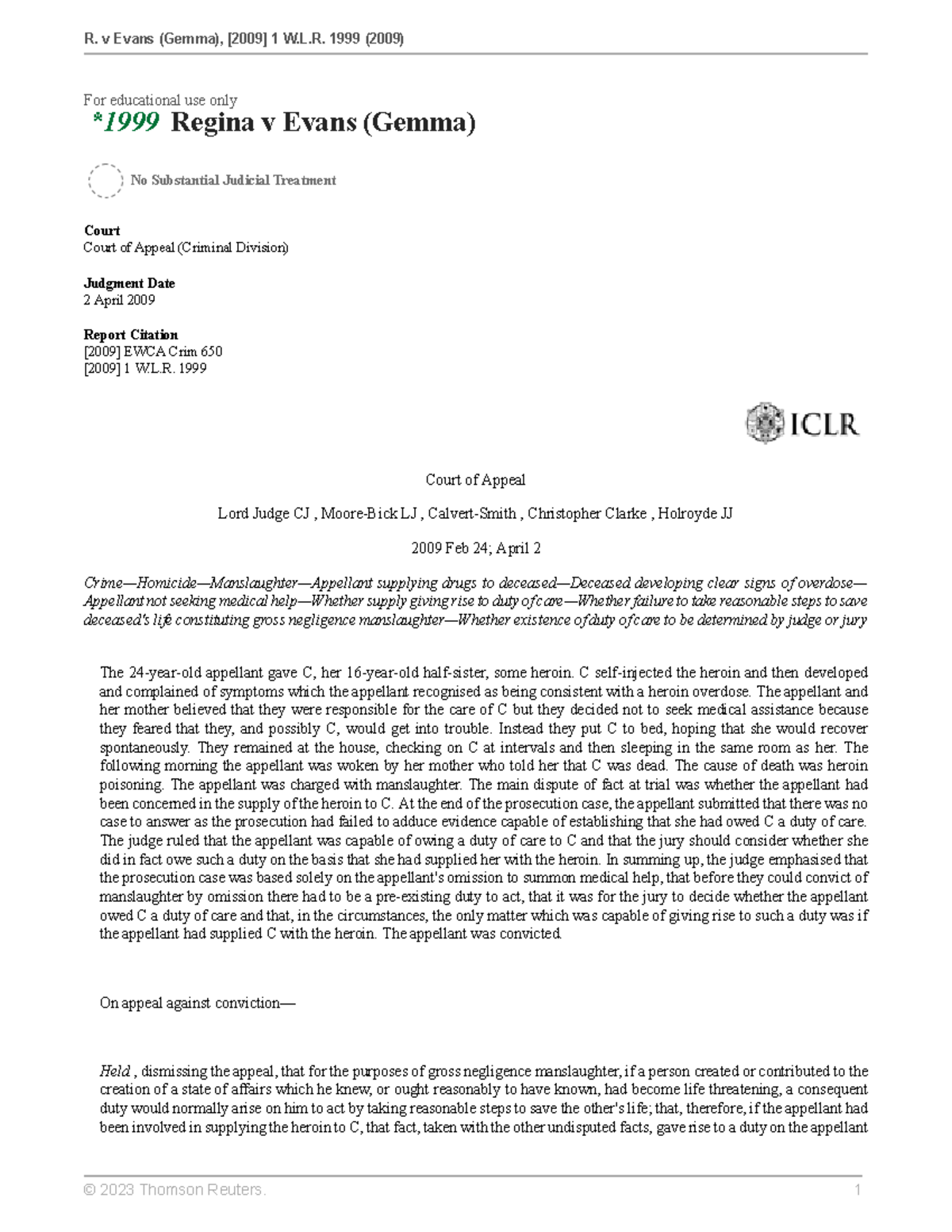 R v Evans (Gemma) - Case - For educational use only *1999 Regina v ...