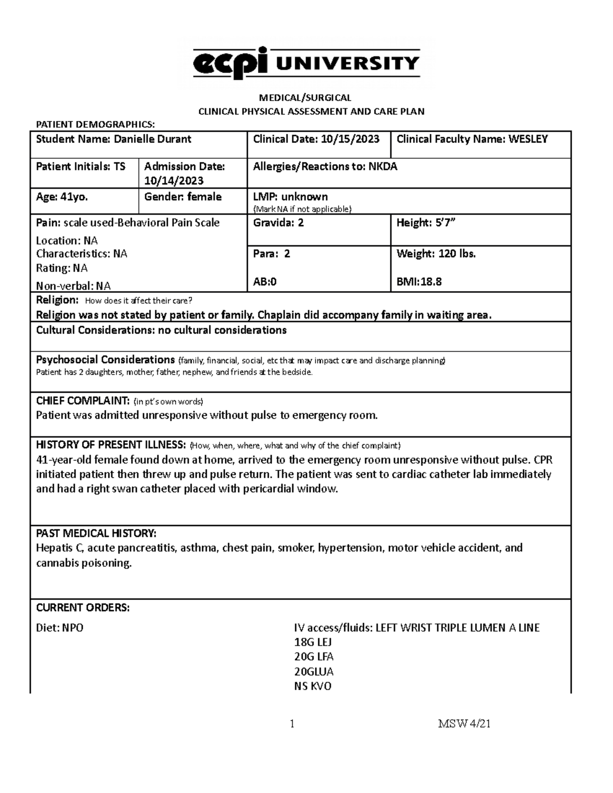 ICU Careplan - busy - MEDICAL/SURGICAL CLINICAL PHYSICAL ASSESSMENT AND ...